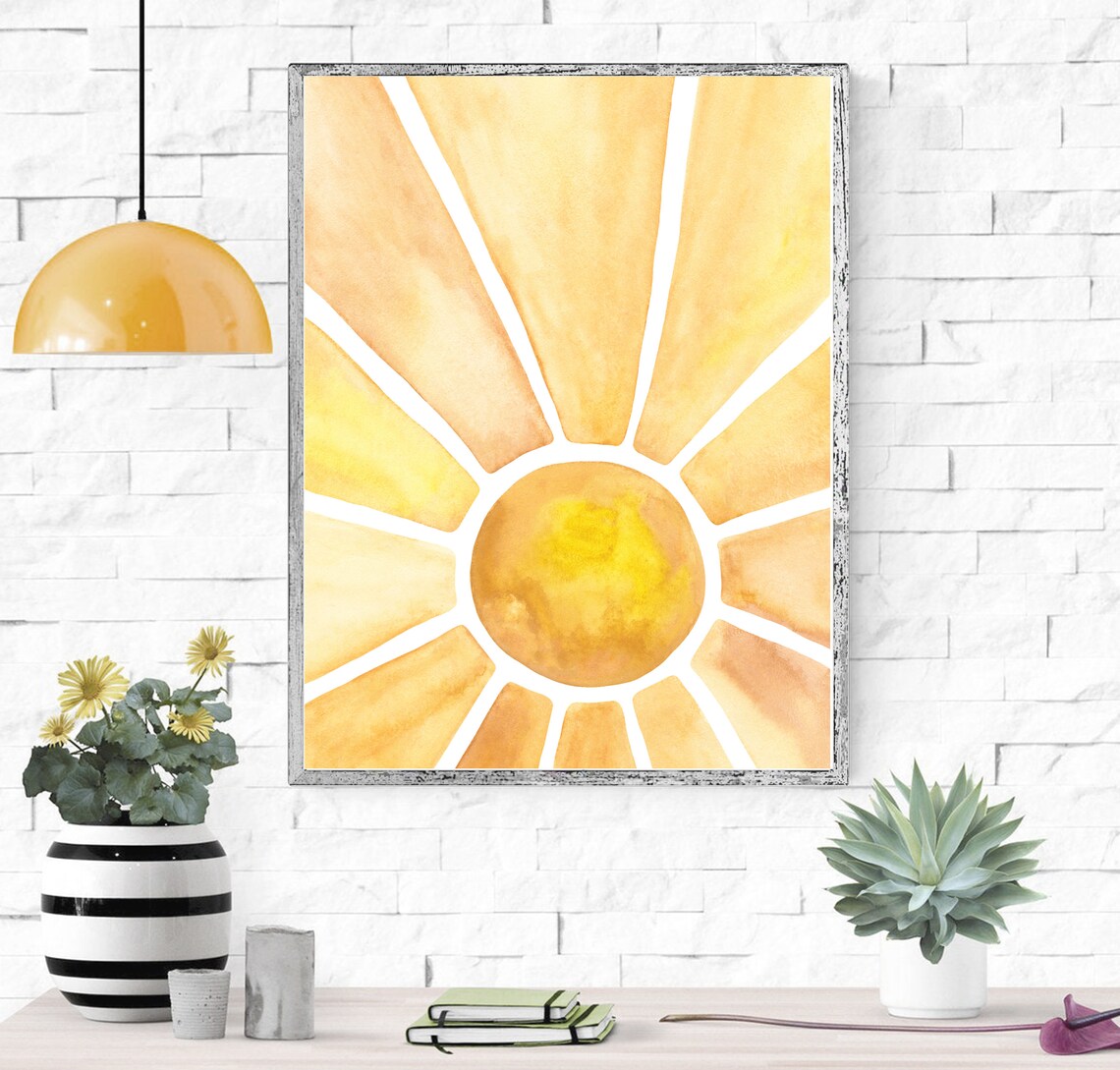 Sun rays art print Watercolor sunshine printable wall art | Etsy