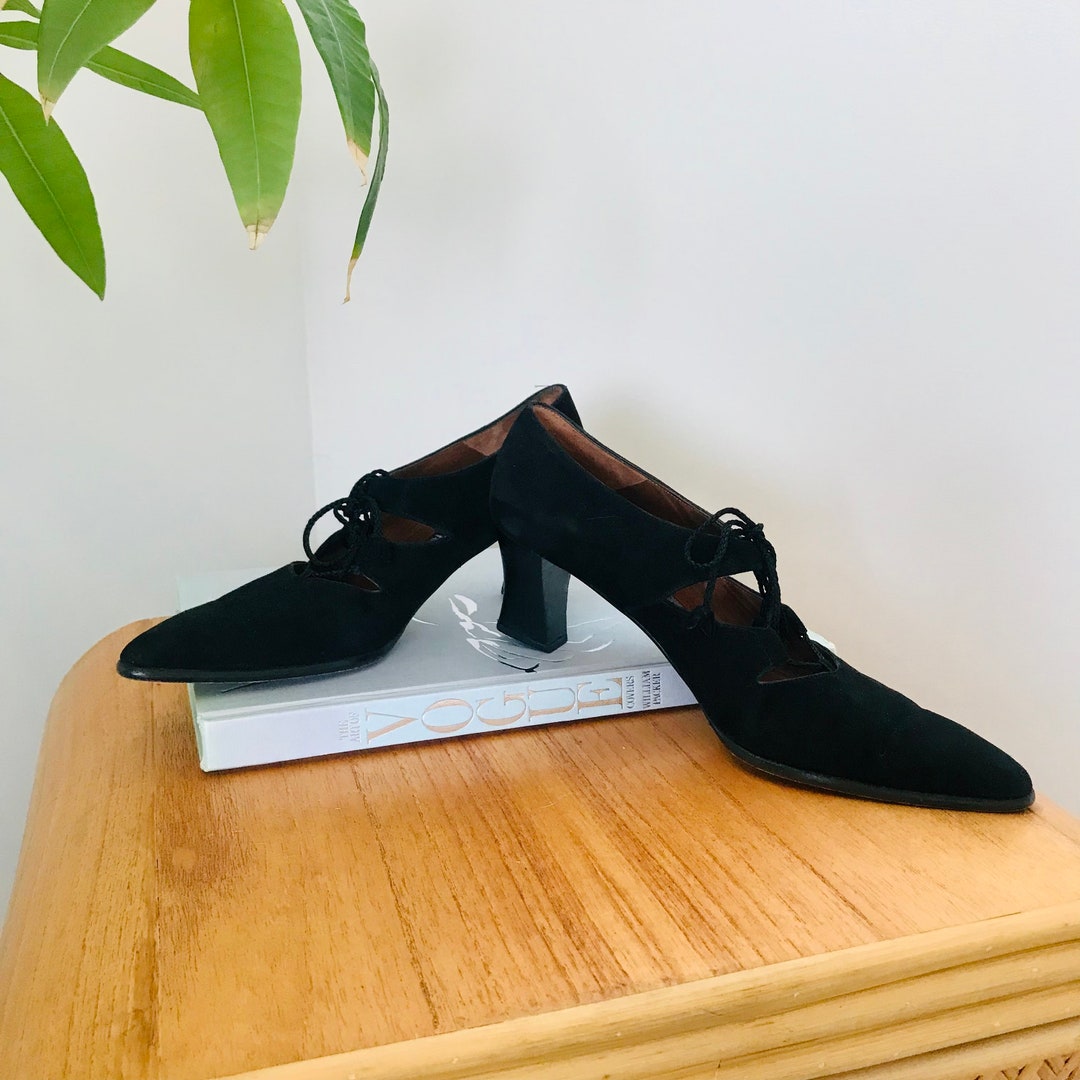 Linda Allard Ellen Tracy Black Suede Mary Jane Heels With Front Lace ...