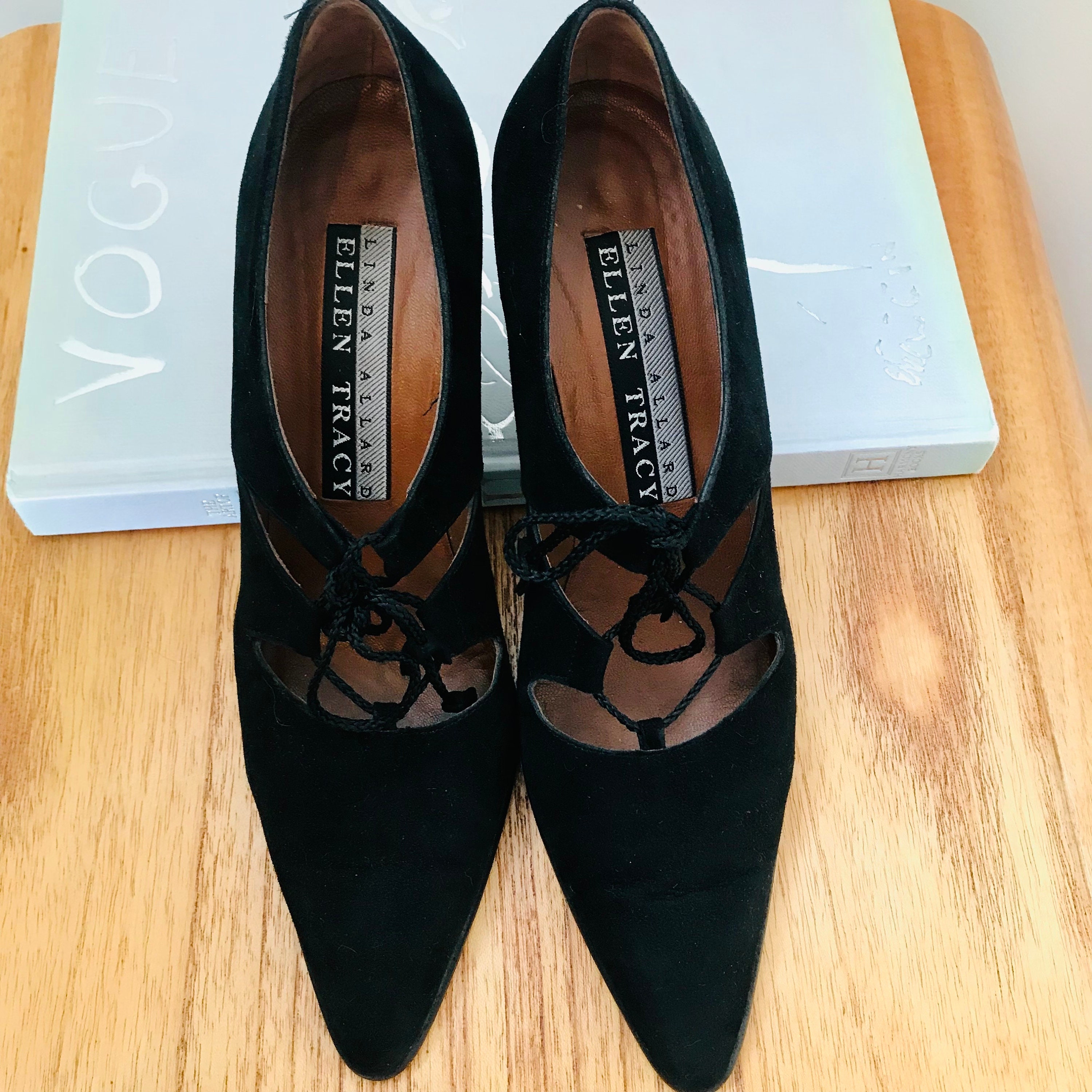 Linda Allard Ellen Tracy Black Suede Mary Jane Heels With Front Lace ...