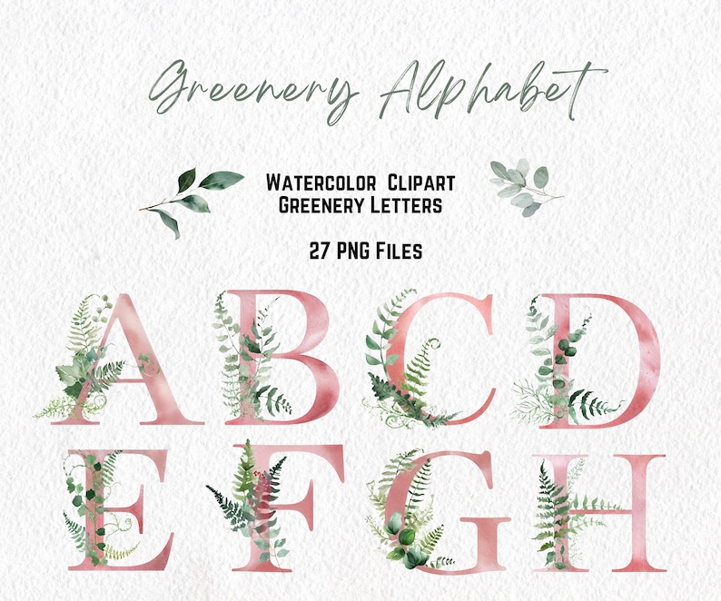 Watercolor Greenery Alphabet, Watercolor Alphabet Clipart, Botanical ...