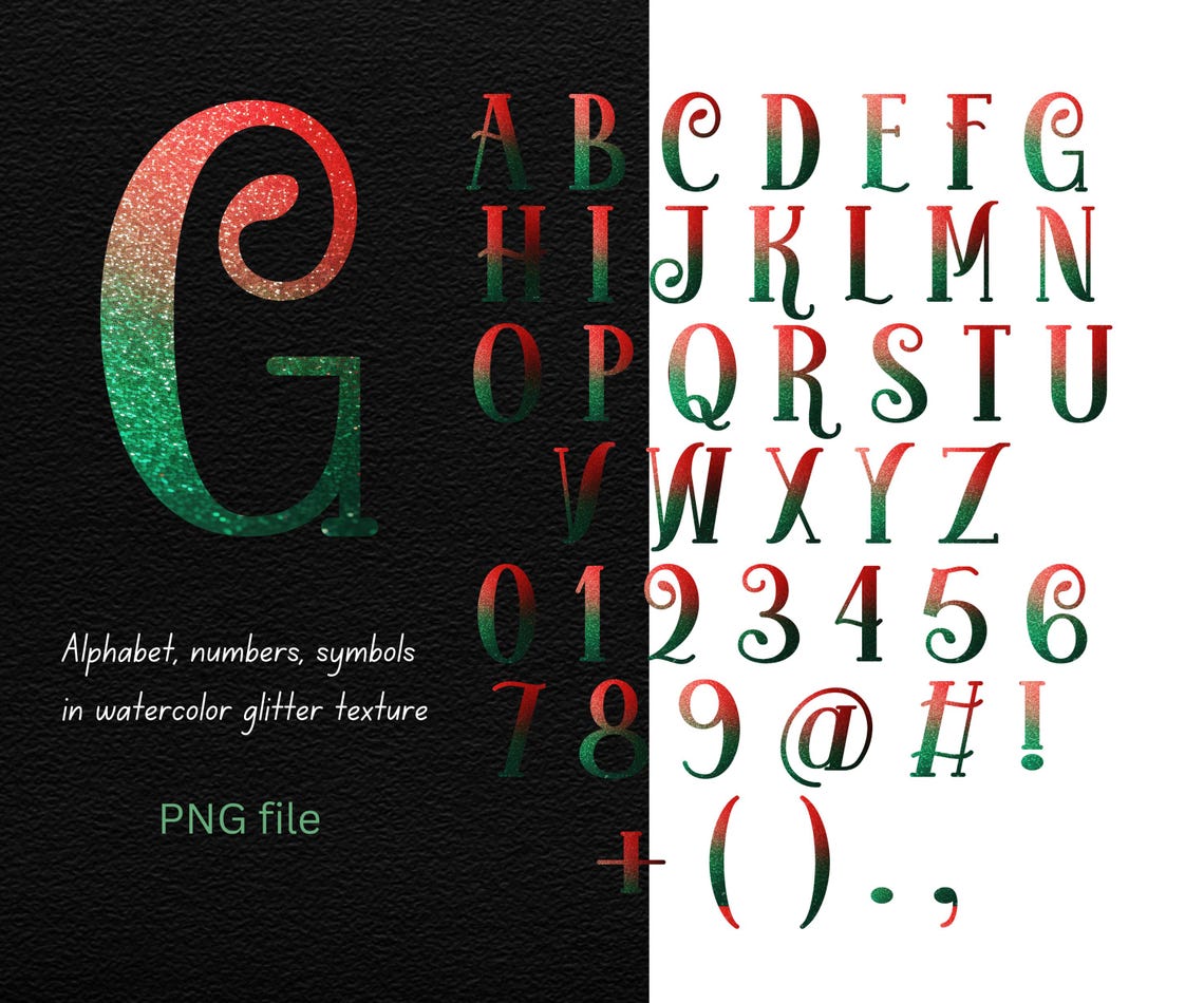 Christmas Alphabet Clipart, Digital Letters Watercolor Texture Glitter ...