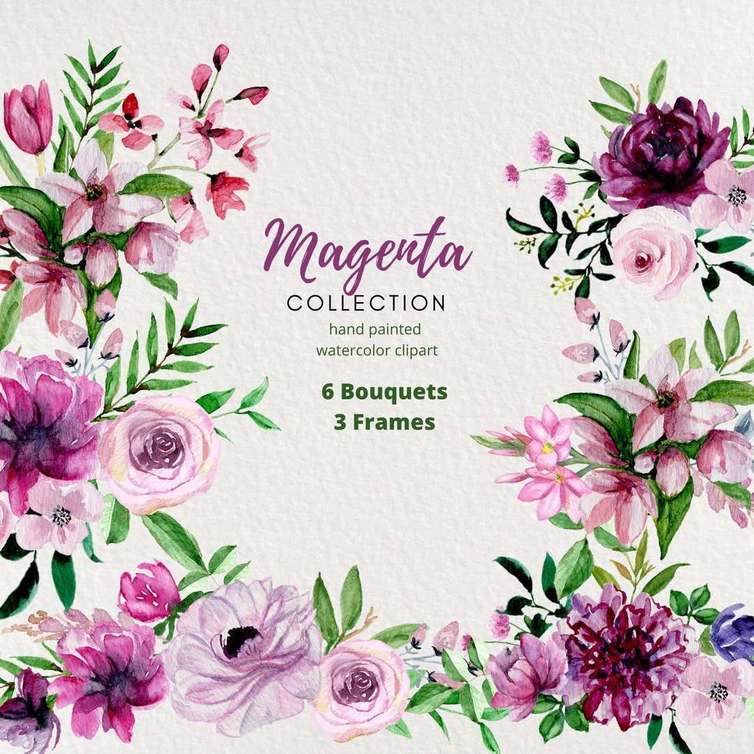 Magenta Violet Watercolor Floral Clipart, Flower Bouquets Border Frames ...
