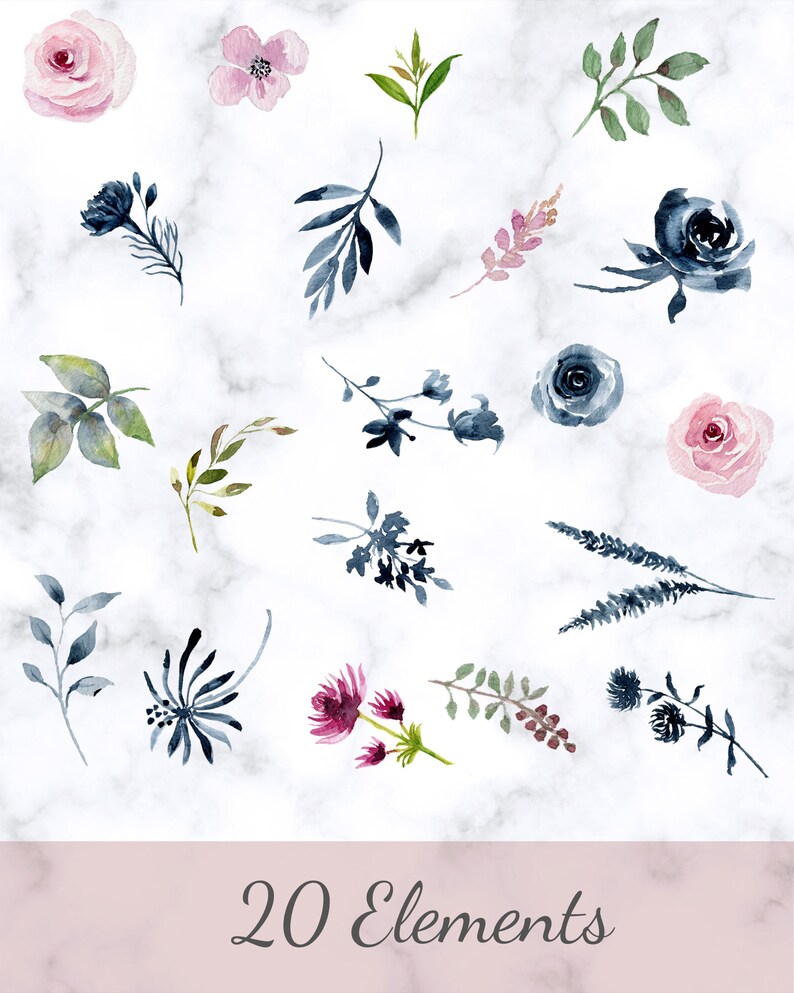 Watercolor Floral Clipart Pink Blue Indigo Roses Bouquets Seamless ...