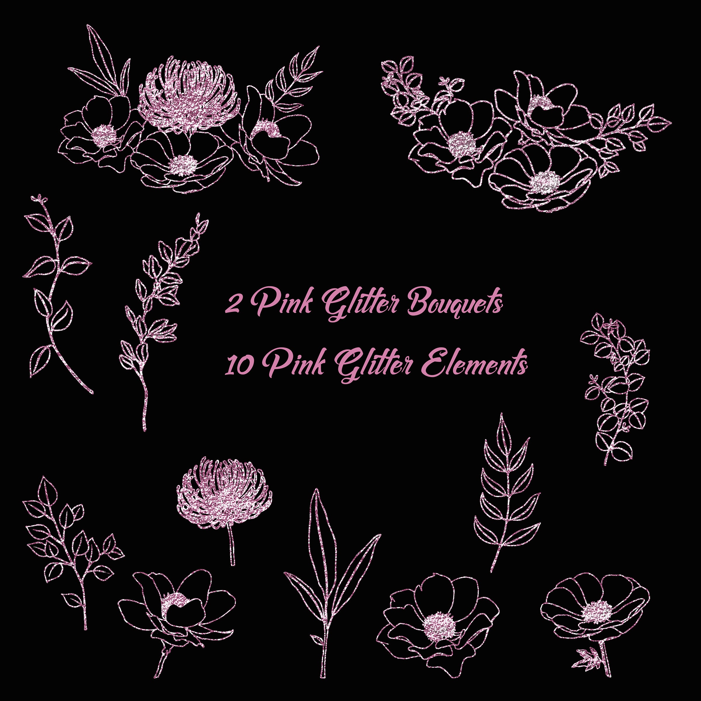 Floral Line Art, Pink Glitter Line Drawing, Hand Drawn Sketch Graphic ...