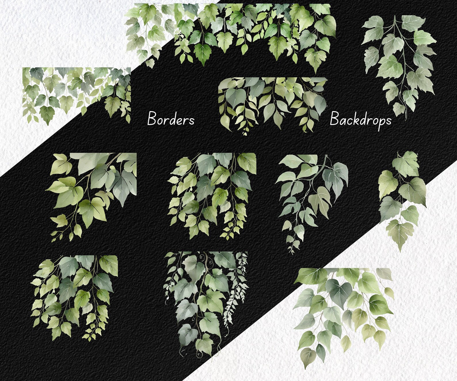 Greenery Foliage Backdrop Clipart, Watercolor Greenery, Vine Leaves ...