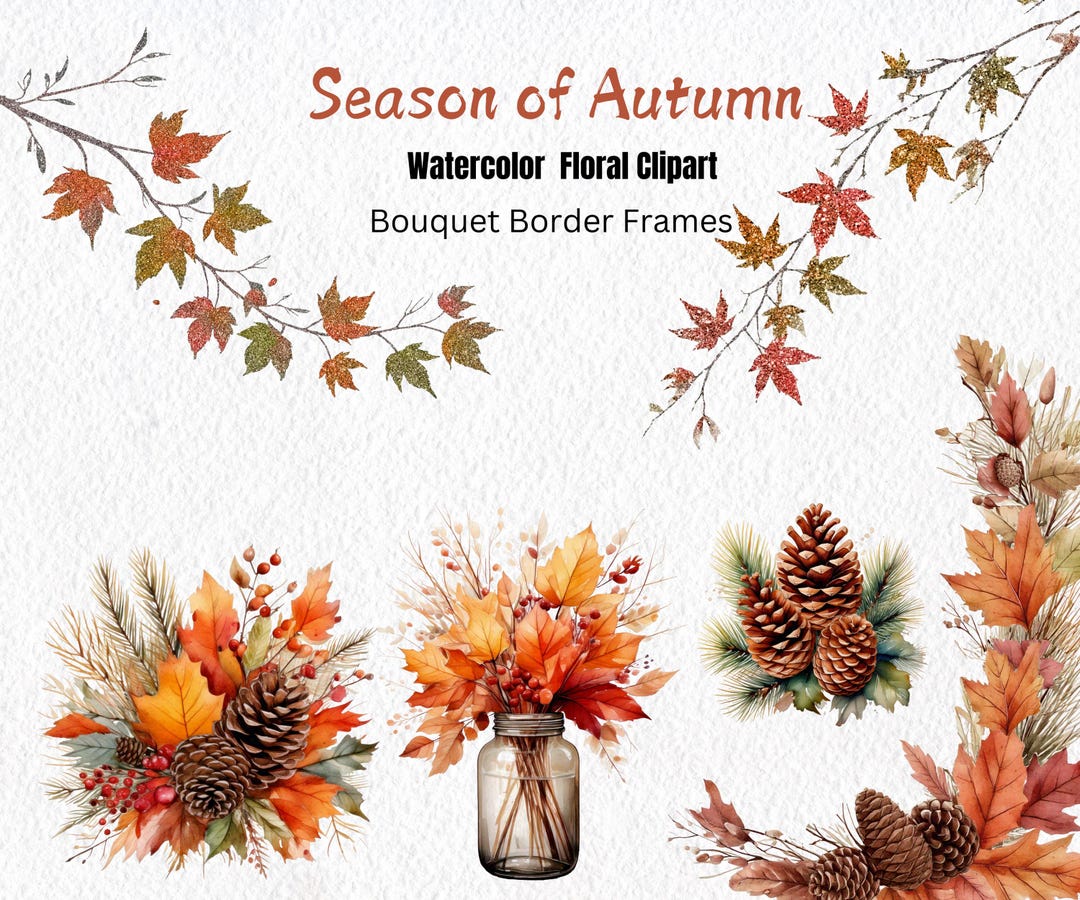 Season of Autumn Clipart, Watercolor Fall Clipart, Autumn Leaves Border ...