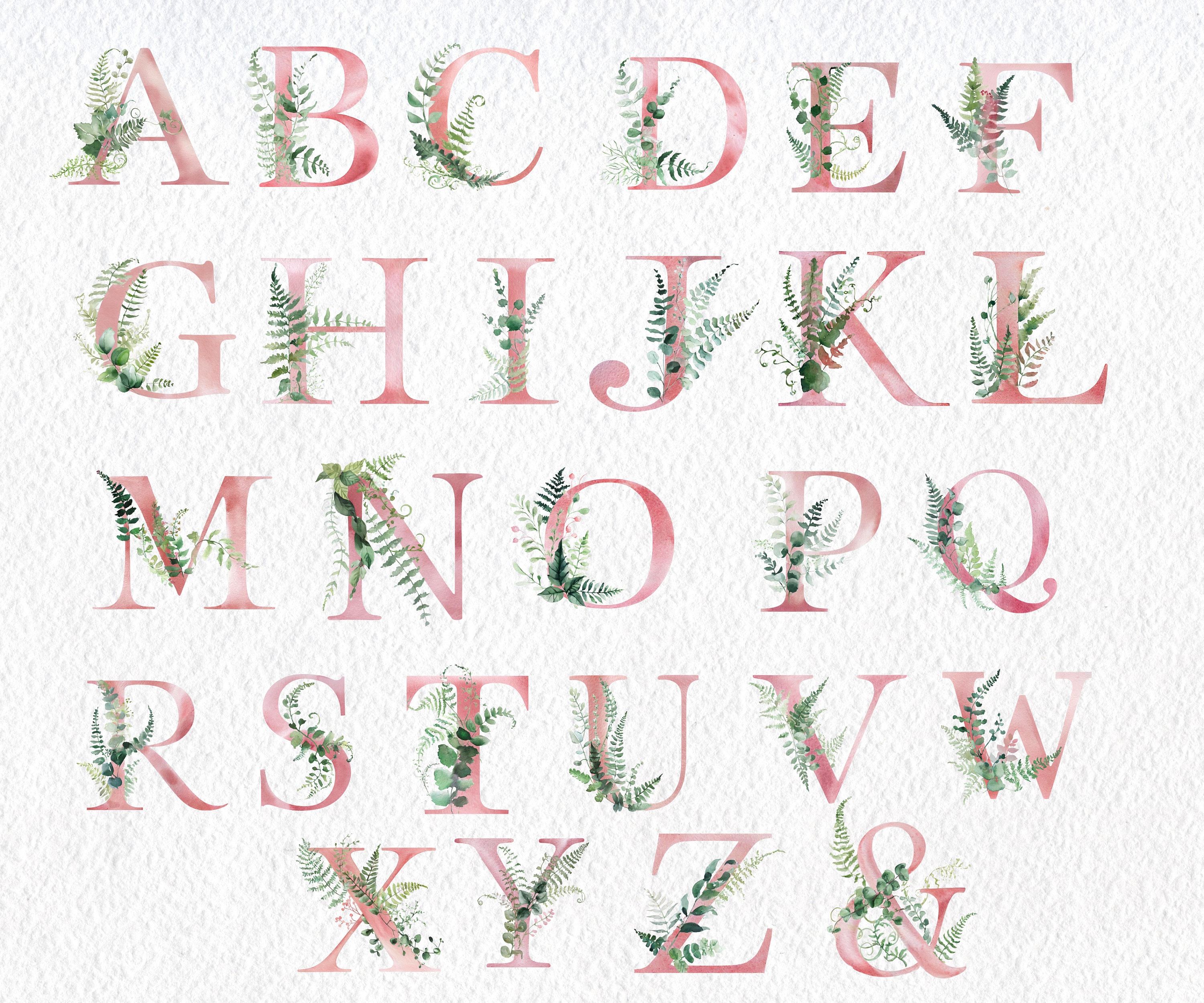 Watercolor Greenery Alphabet, Watercolor Alphabet Clipart, Botanical ...