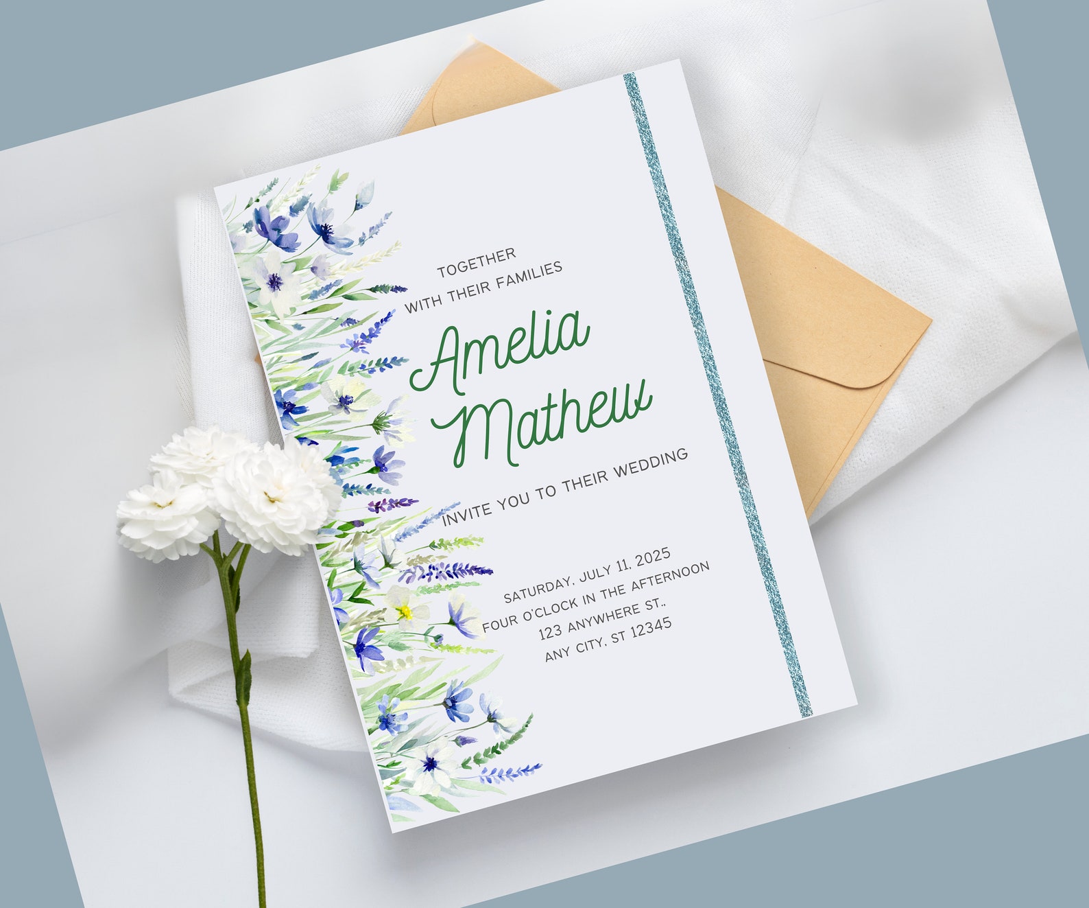 Wildflower Blue White Border Clipart, Watercolor Floral Backdrop, Blue ...