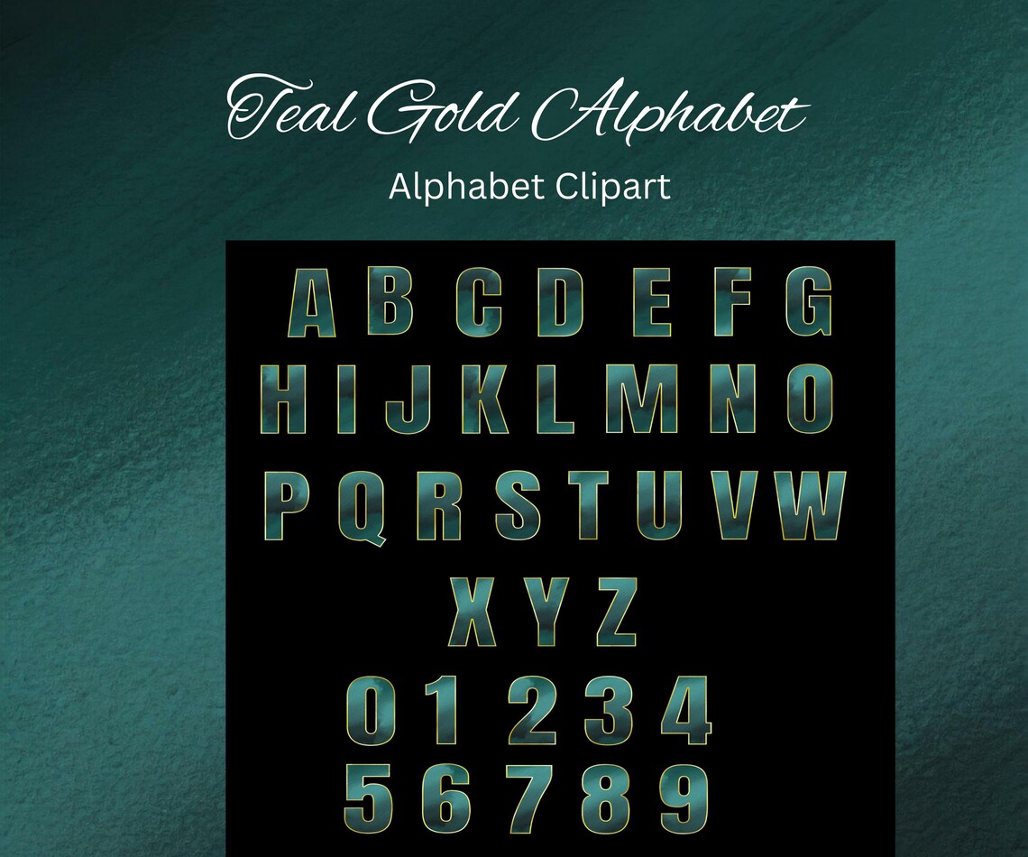 Teal Gold Alphabet Clipart, Digital Alphabet Clipart, Green Letter Font ...