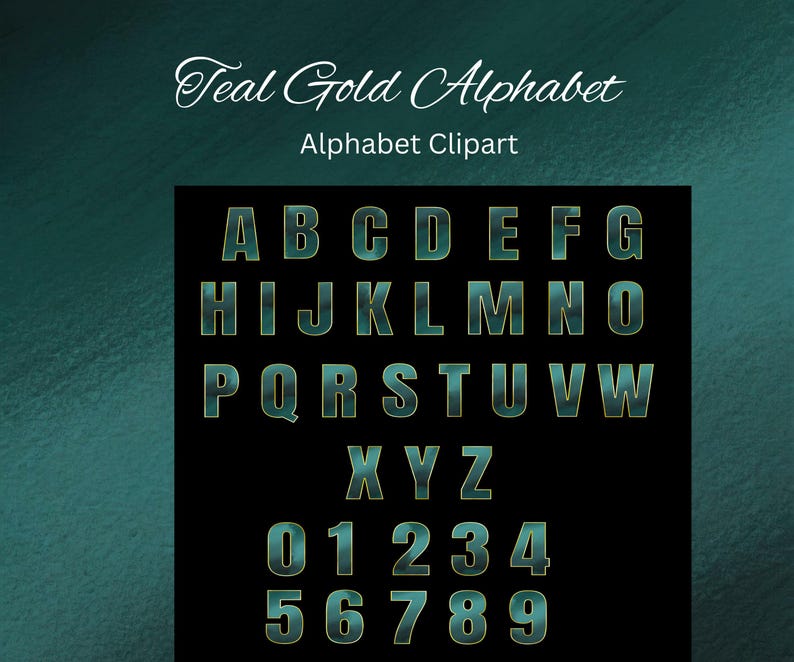 Teal Gold Alphabet Clipart, Digital Alphabet Clipart, Green Letter Font ...