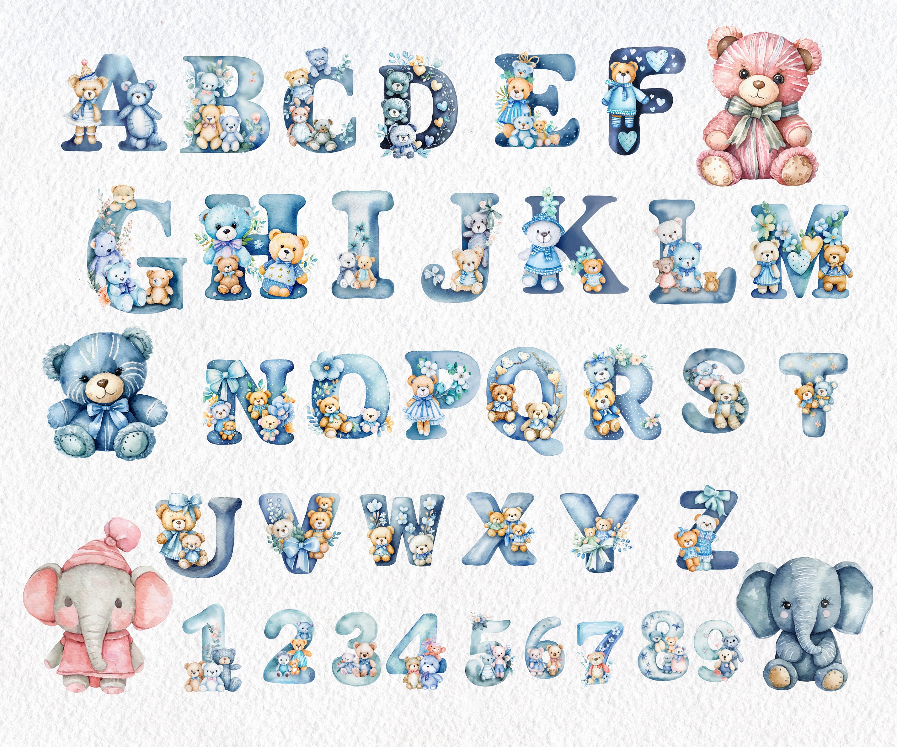 Blue Bear Alphabet and Numbers Clipart, Watercolor Kids Alphabet, Baby ...