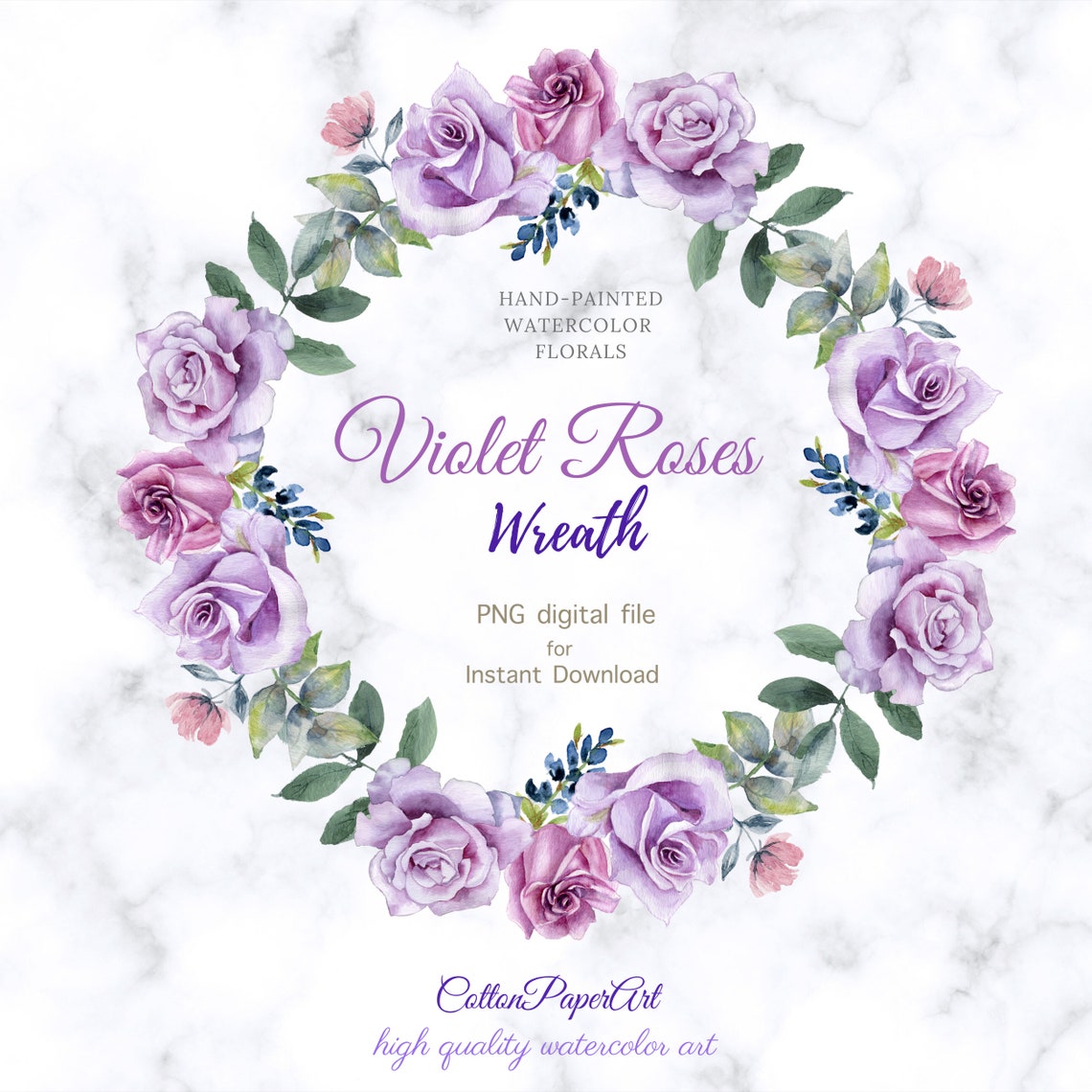 Watercolor Flowers Clipart Violet Pink Roses Wreath Bouquets. Digital ...