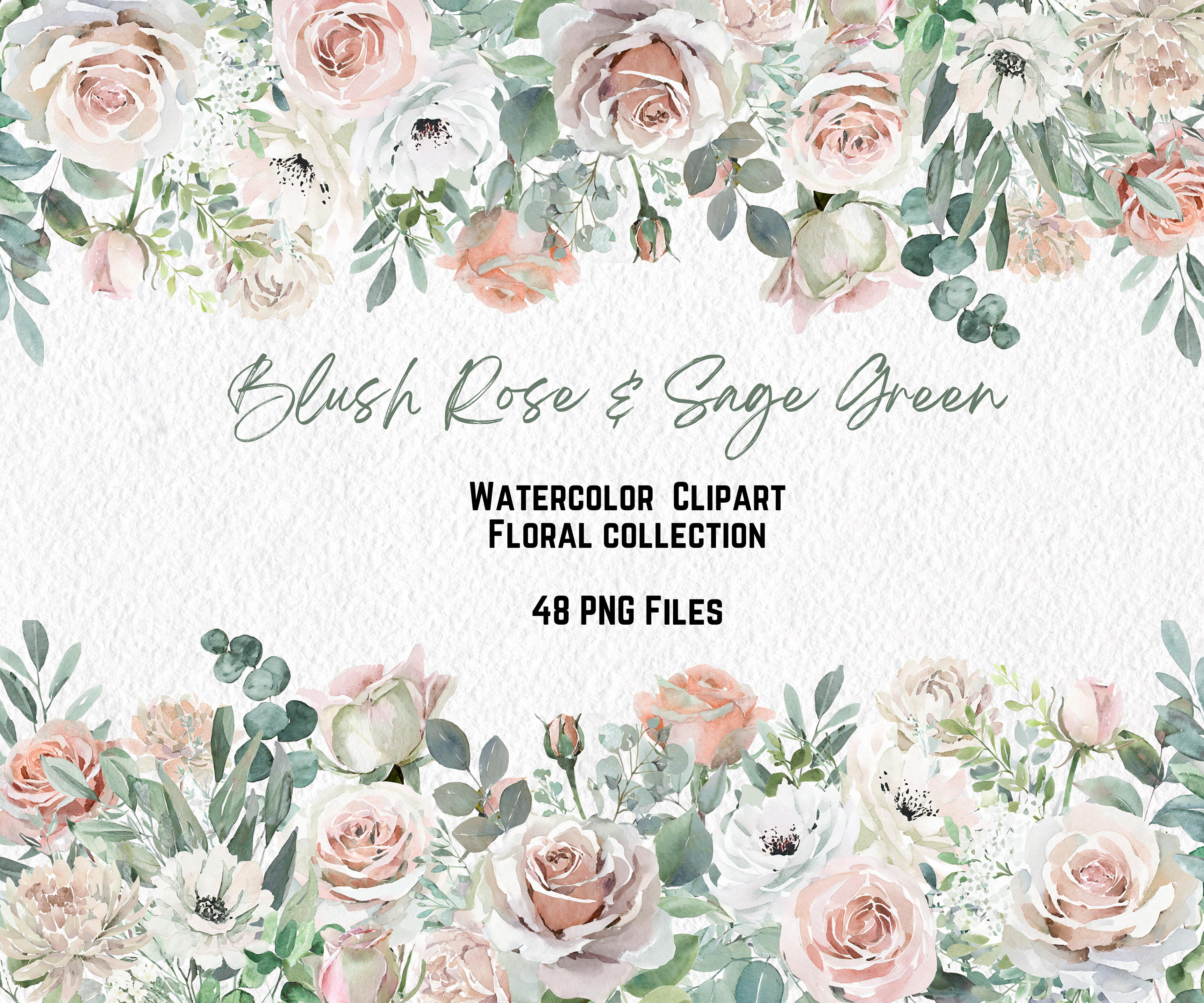 Blush Rose Sage Green Floral Clipart, Watercolor Floral Clipart, Blush ...