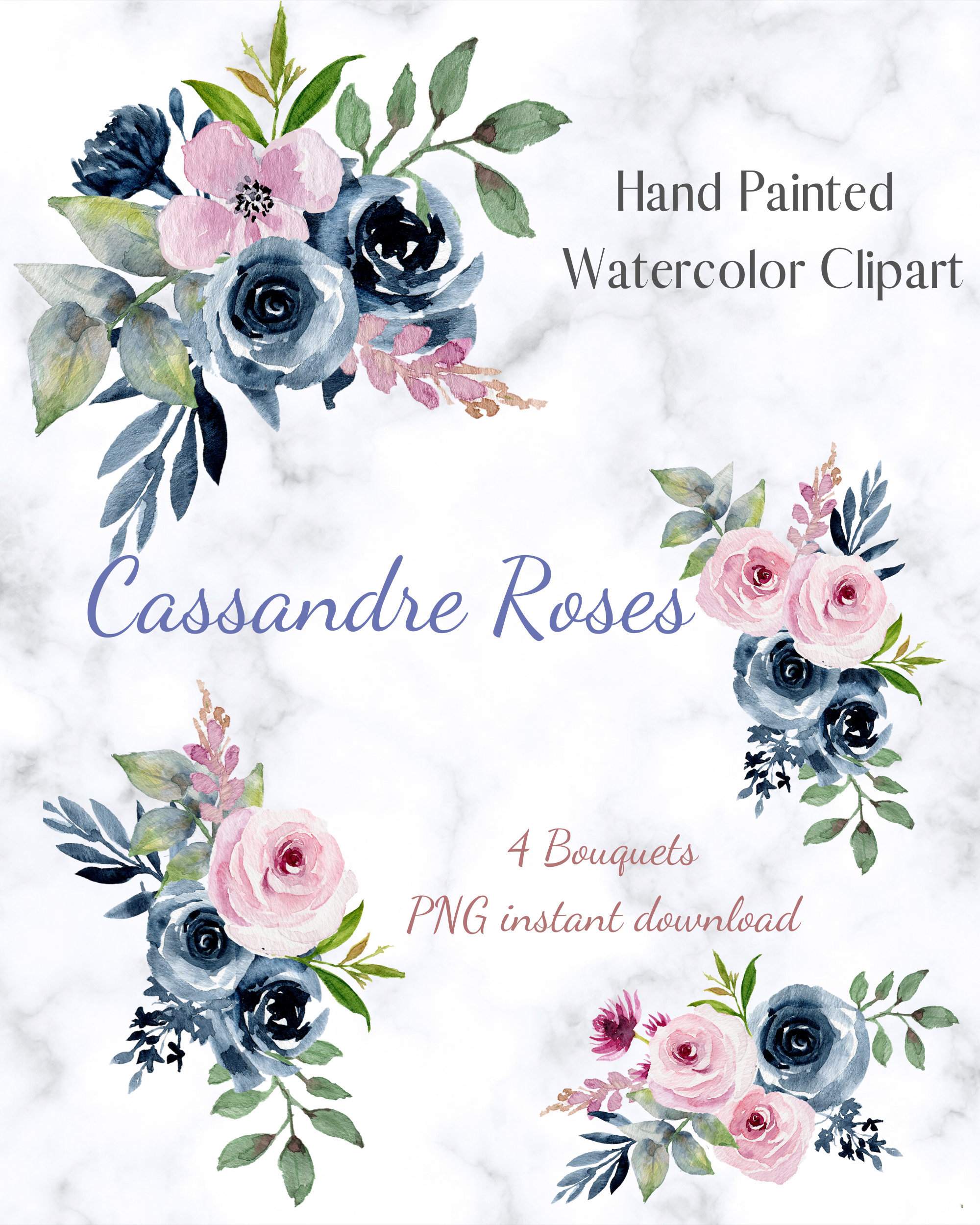 Watercolor Floral Clipart Pink Blue Indigo Roses Bouquets Seamless ...