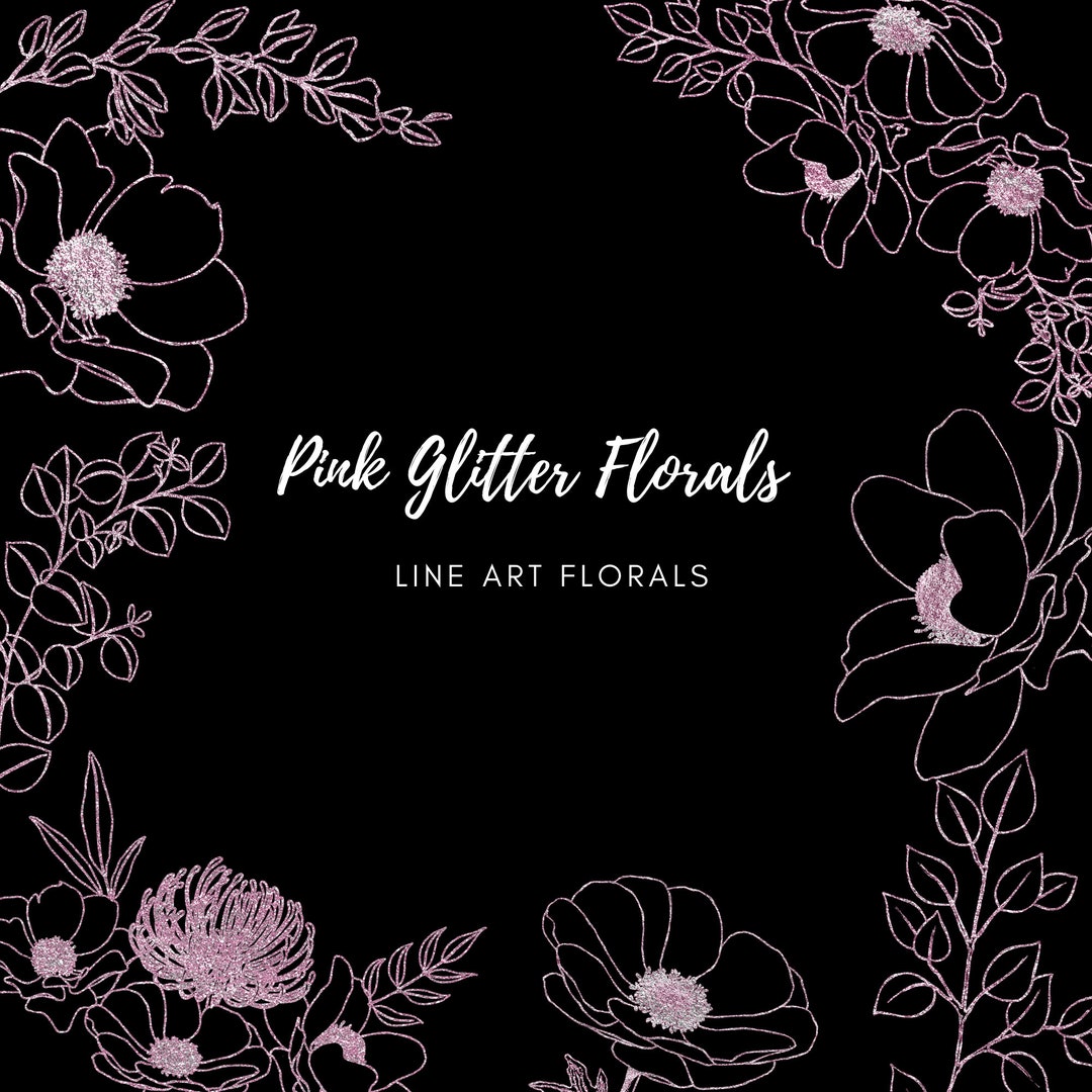 Floral Line Art, Pink Glitter Line Drawing, Hand Drawn Sketch Graphic ...