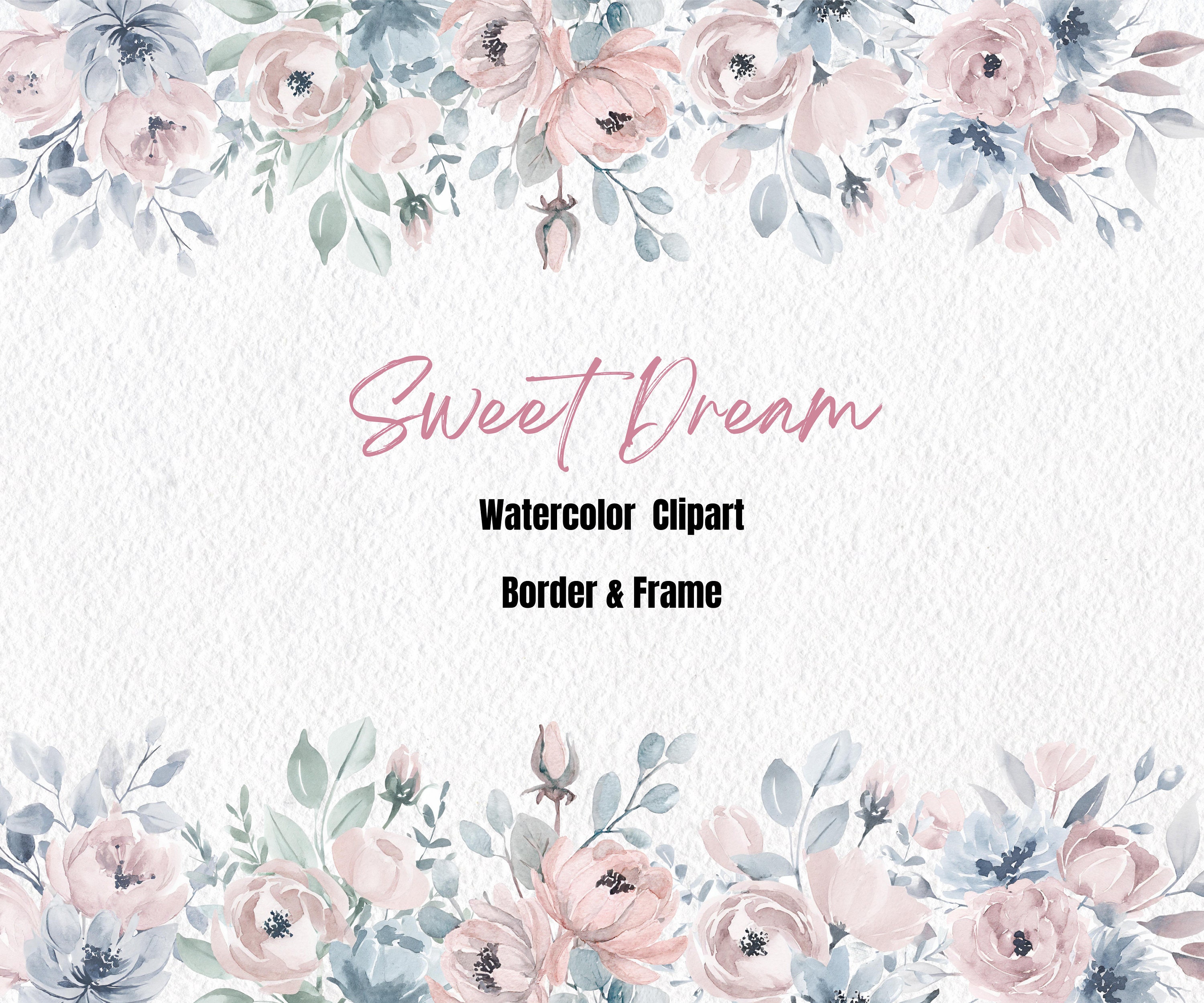 Sweet Dream Light Pink and Blue Floral Borders Clipart, Watercolor ...