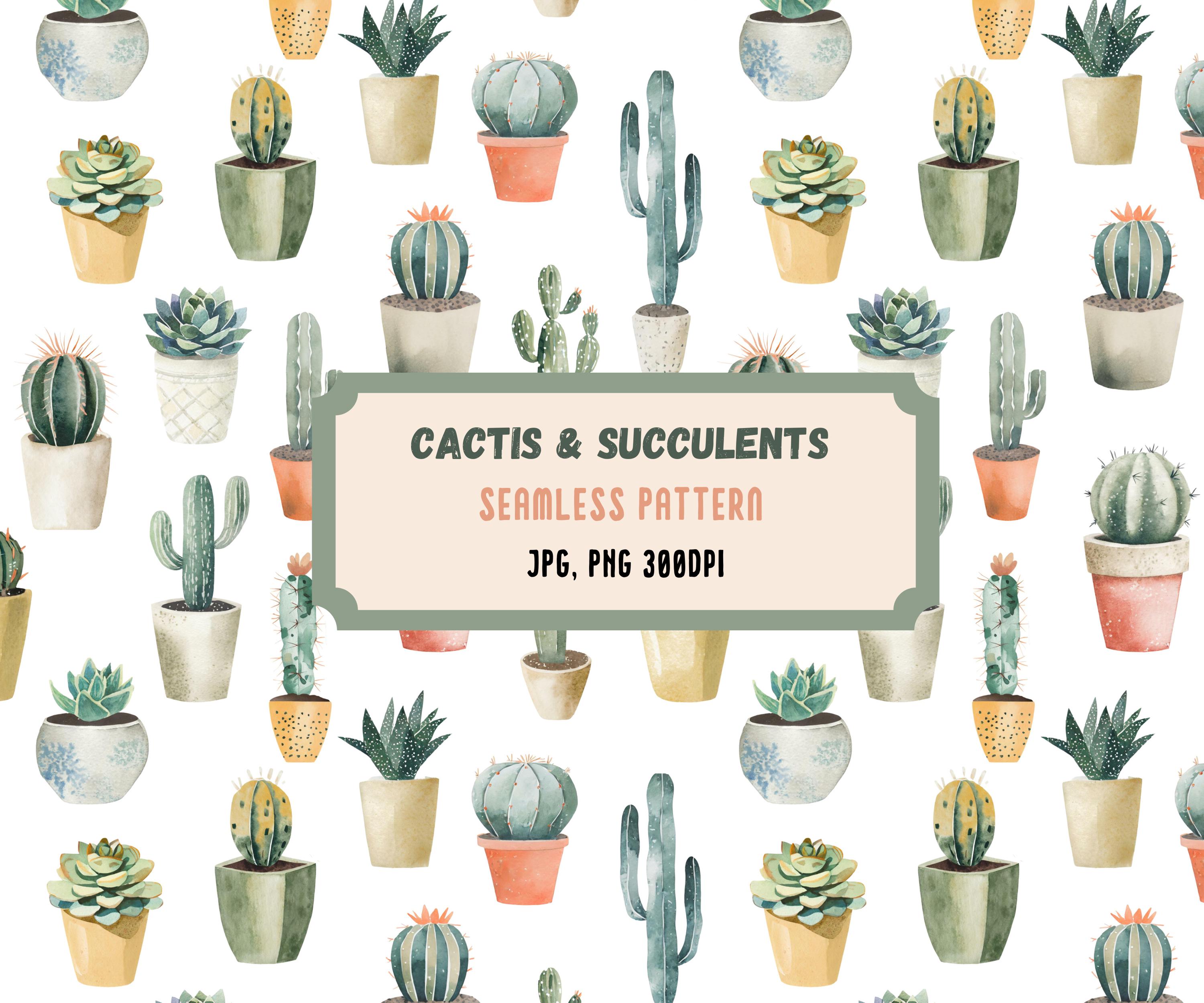 Watercolor Cactus Succulent Pattern, Cute Cacti Collection, Seamless ...