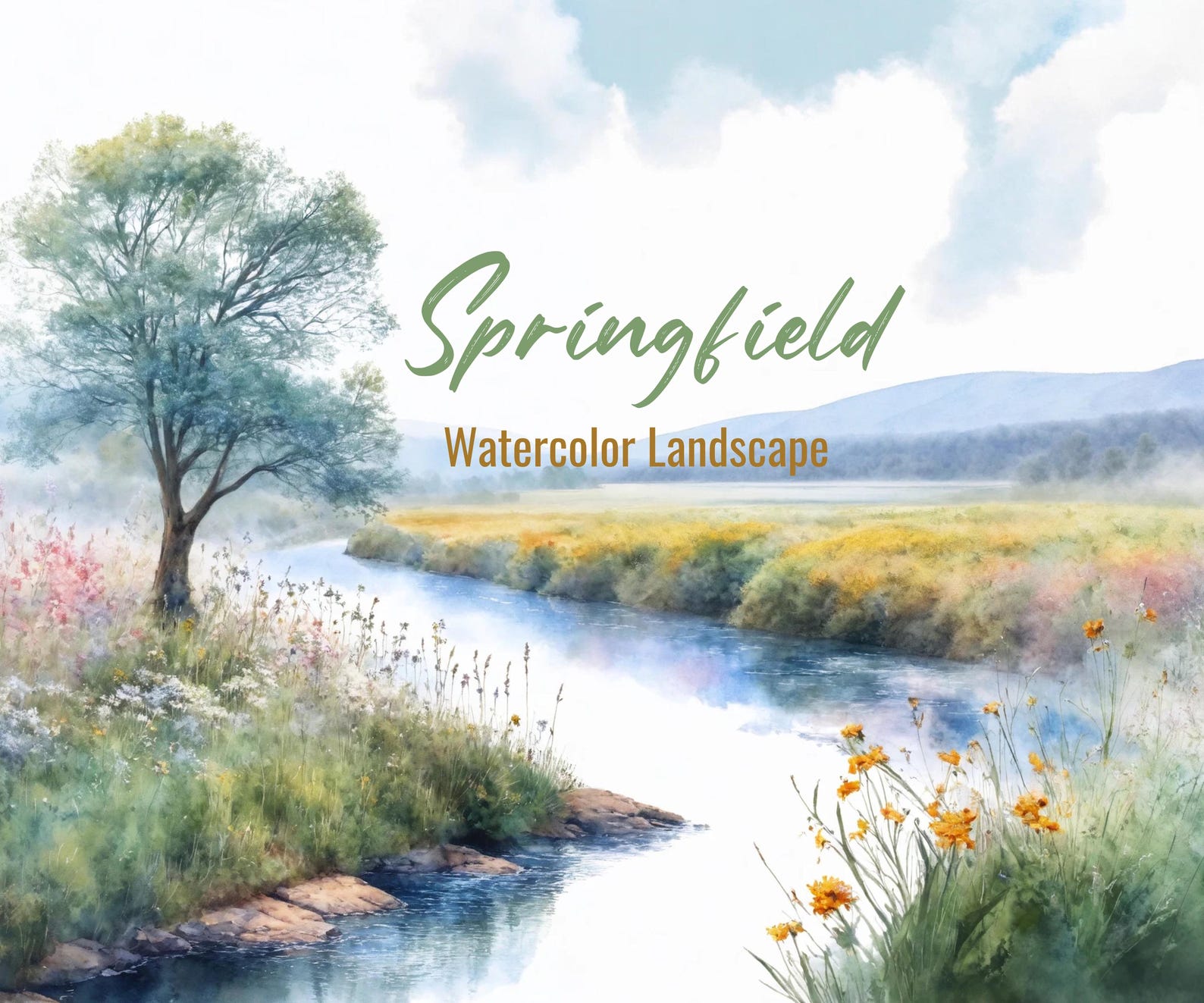 Springfield Landscape Clipart, Watercolor Landscape Clipart, Country ...