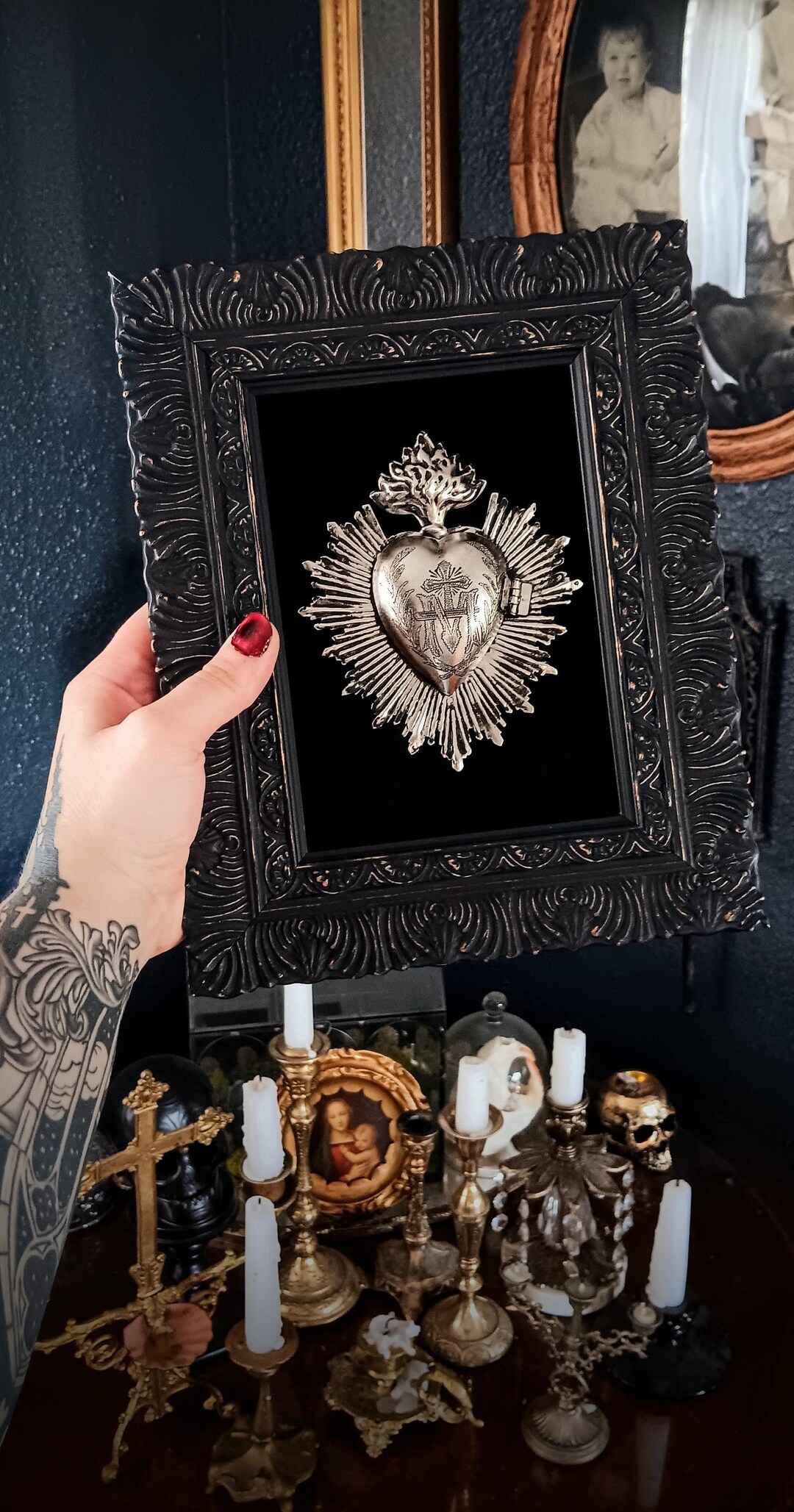 Rustic Silver Sacred Heart in Ornate Frame, Macabre, Catholic, Religion ...