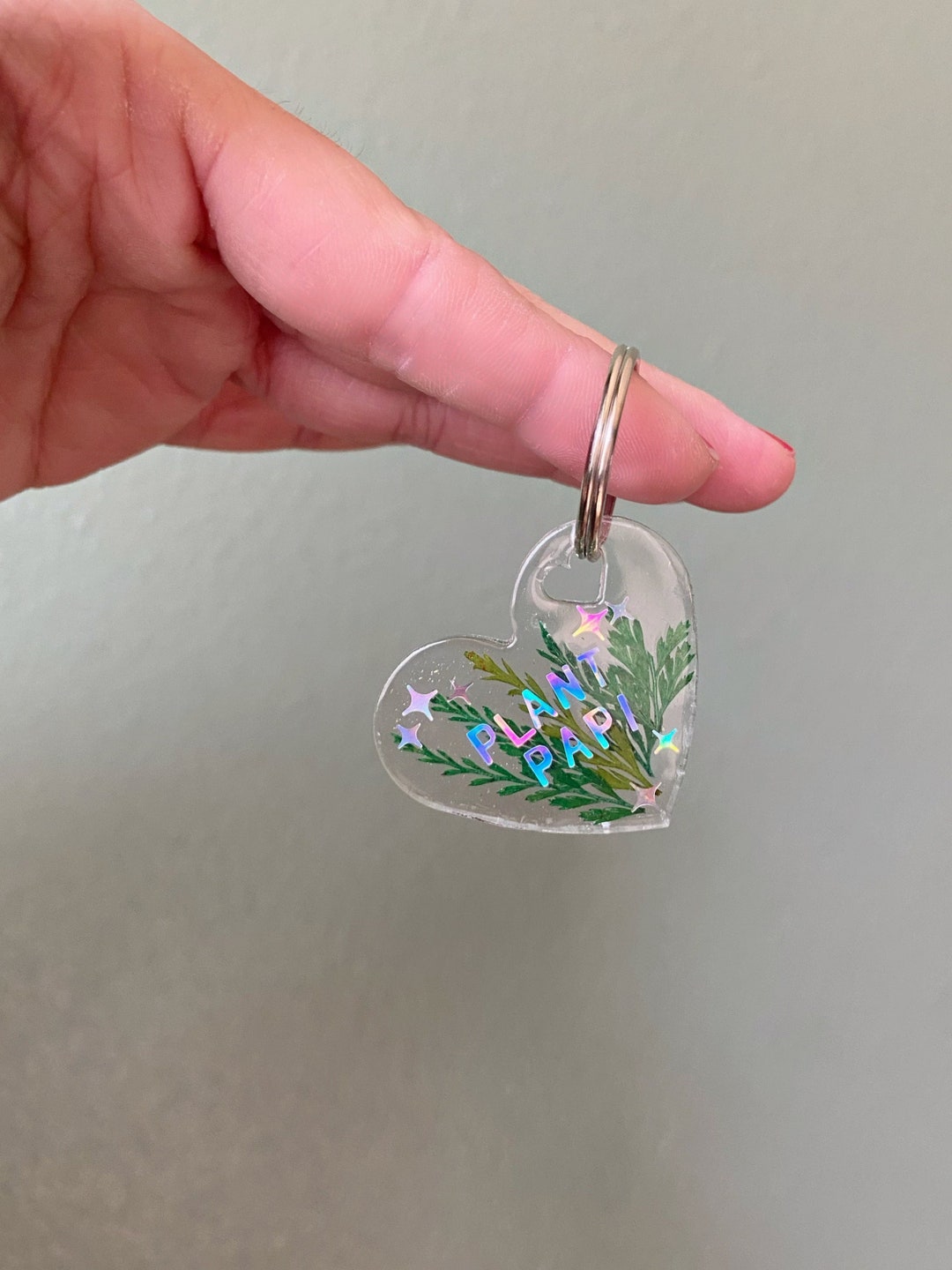 Plant Papi Holographic Letters Custom Keychain With Real Pressed Leaves ...