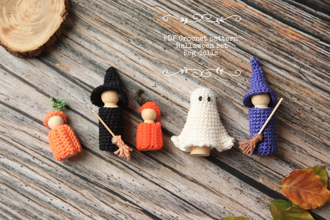 Crochet Halloween Set Peg Dolls, PDF Crochet Pattern, Witch, Ghost and ...