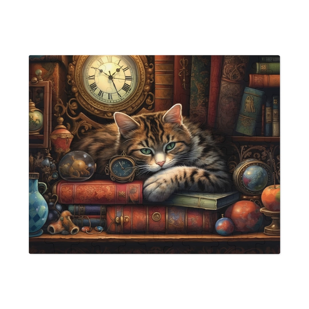 Timekeeper's Feline Companion Puzzle 1000 Piece Vintage Bookshelf Cat ...