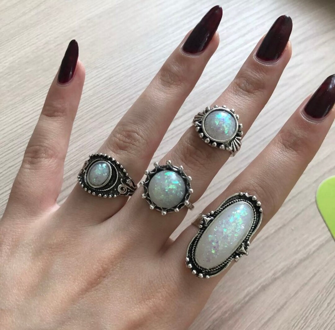 Vintage Antique Style Silver Color Rings Sets Colorful Opal - Etsy