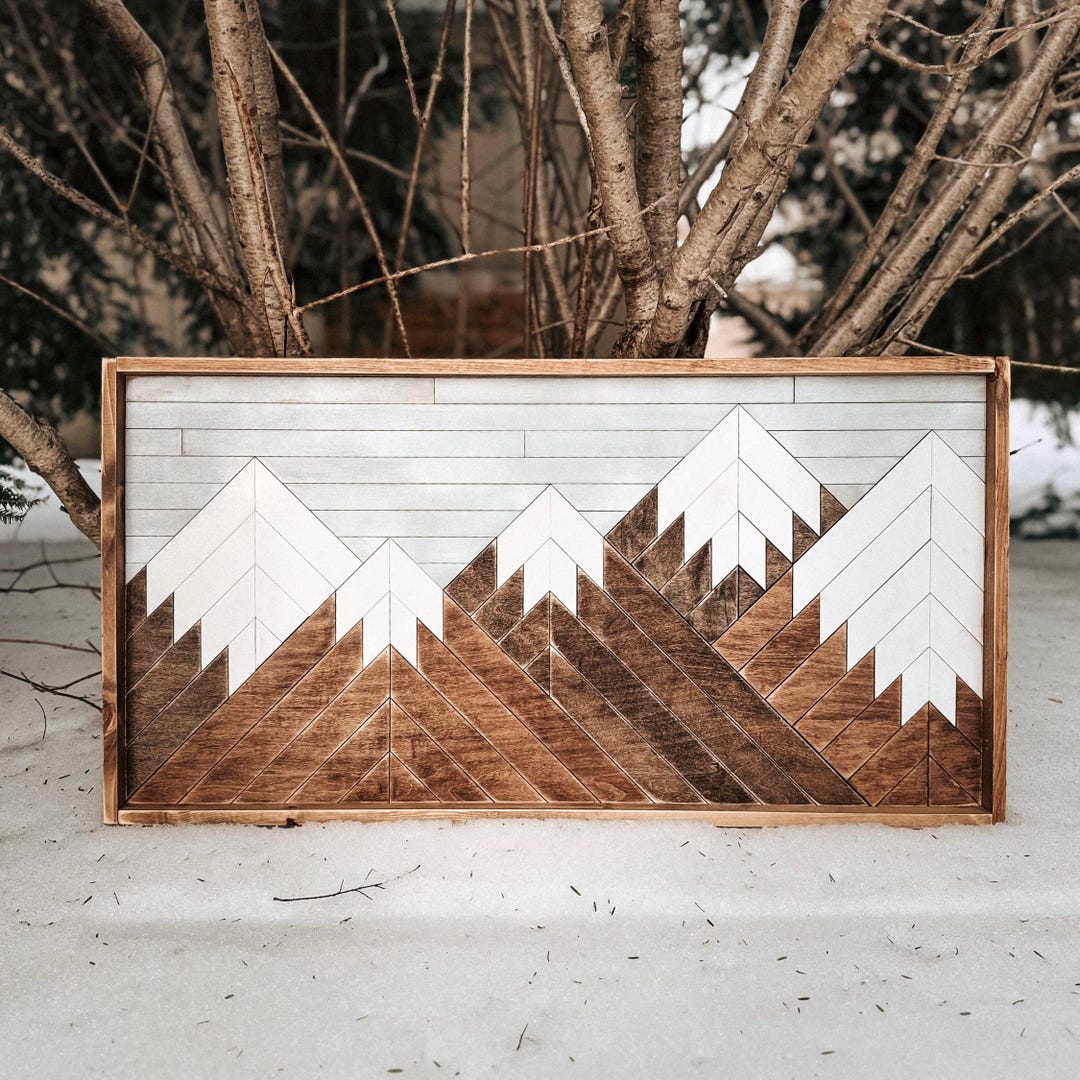 Mountain Wood Wall Art, Mountain Mosaic, Neutral Wood Art, Mountain ...