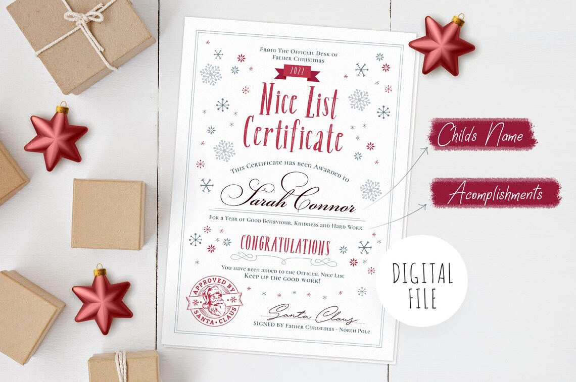 PRINTABLE Personalised Nice List Certificate PRINTABLE A4 - Etsy