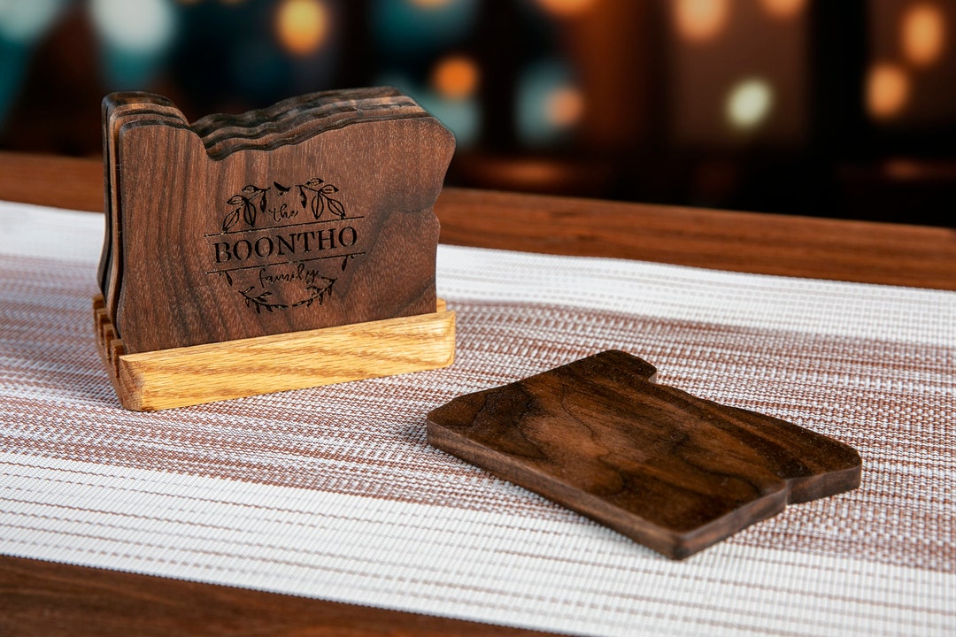 State of Oregon Shape Walnut Wood Coasters | Personalized Family Drink ...