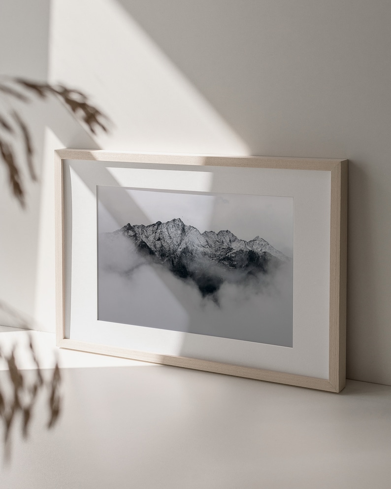 Mountain Print, Snow Mountain Poster, Nordic Nature Wall Art, Foggy ...