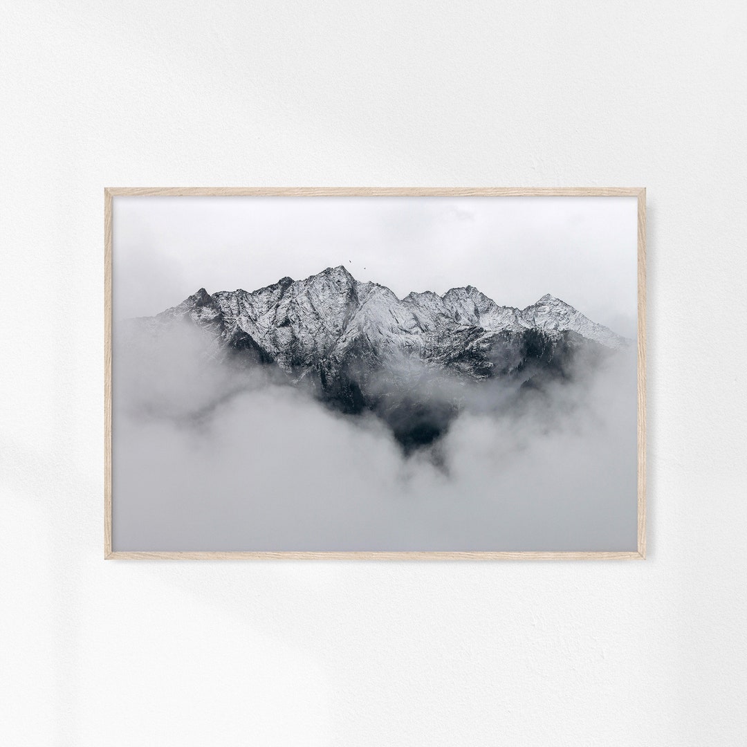 Mountain Print, Snow Mountain Poster, Nordic Nature Wall Art, Foggy ...