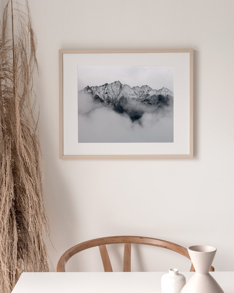 Mountain Print, Snow Mountain Poster, Nordic Nature Wall Art, Foggy ...