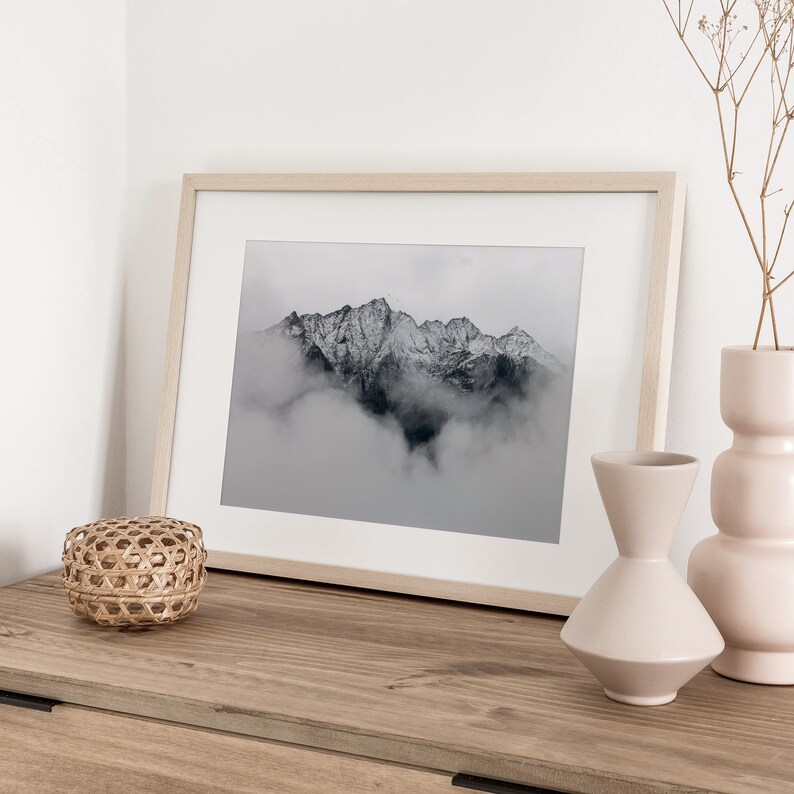 Mountain Print, Snow Mountain Poster, Nordic Nature Wall Art, Foggy ...
