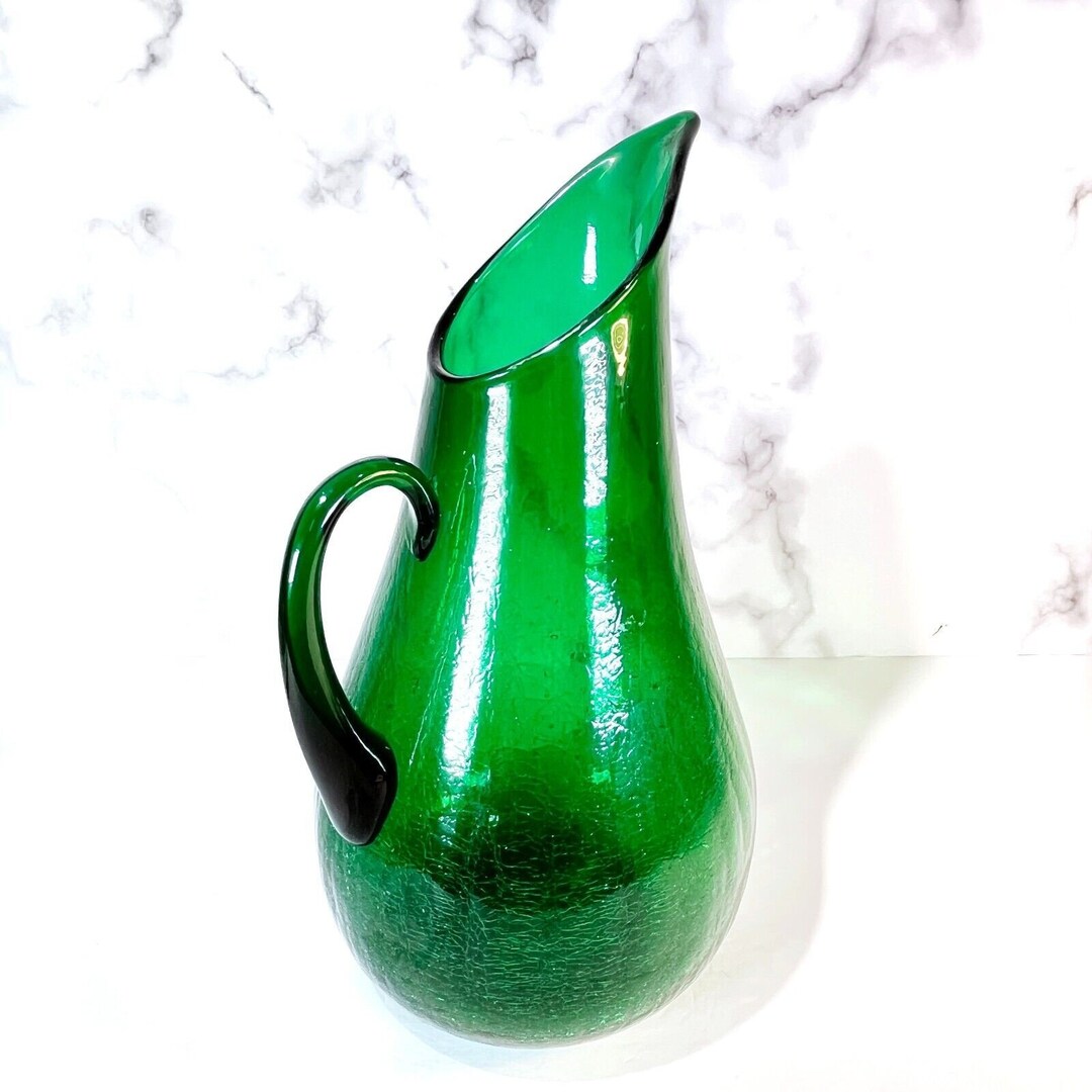 SHOWSTOPPER! Large Crackle Glass Hand Blown Pitcher Green Blenko ...
