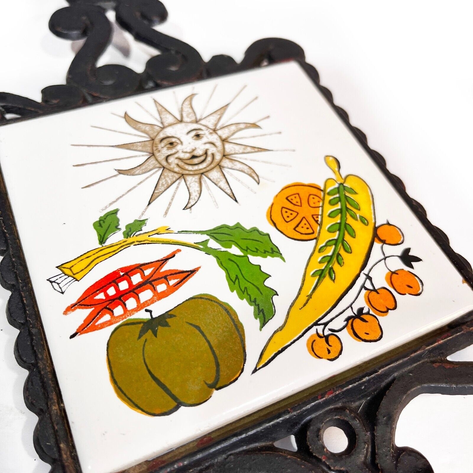 Vintage HS Enesco Cast Iron Trivet Set Rooster Vegetables Sun Wall ...