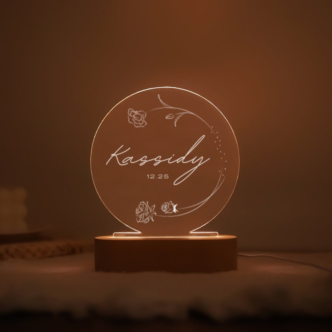 Custom Name Date Night Light, Personalized Floral Acrylic Lamp, Home ...