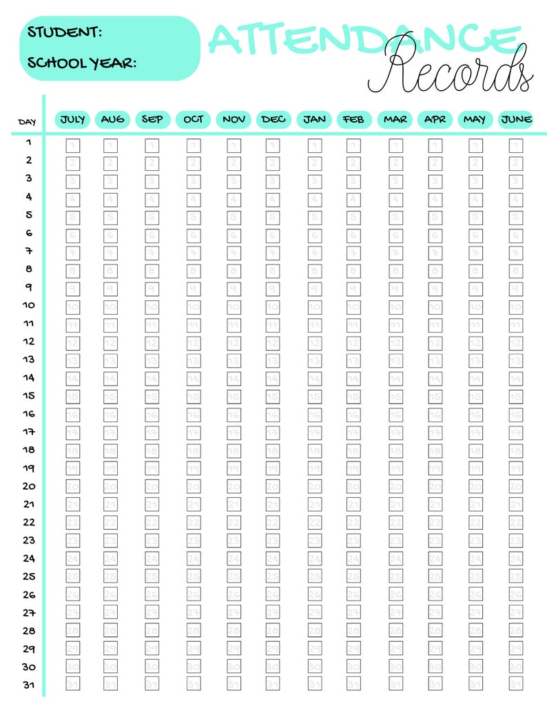 Homeschool Attendance Record Log Tracker Sheet // Mint Green Attendance ...