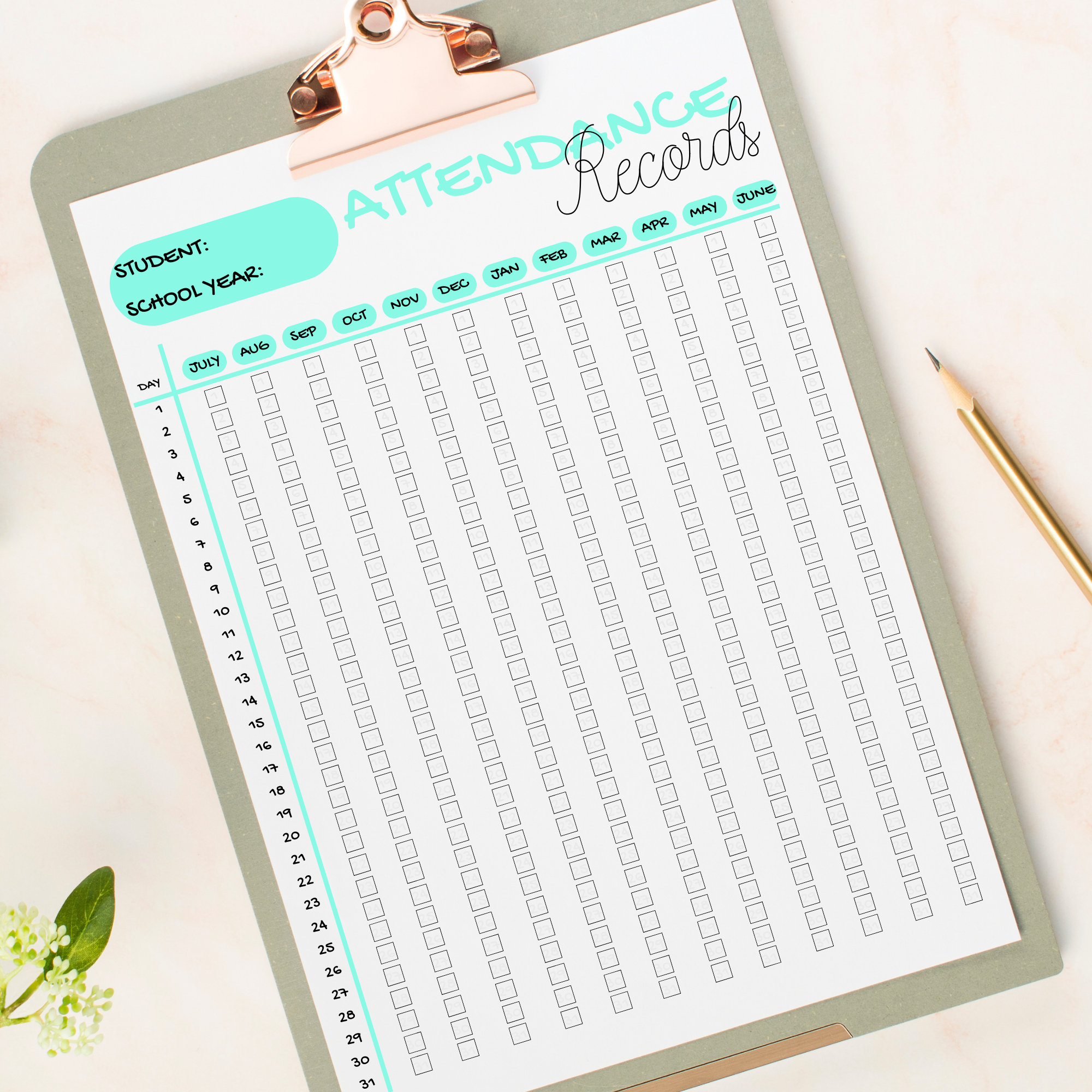 Homeschool Attendance Record Log Tracker Sheet // Mint Green Attendance ...