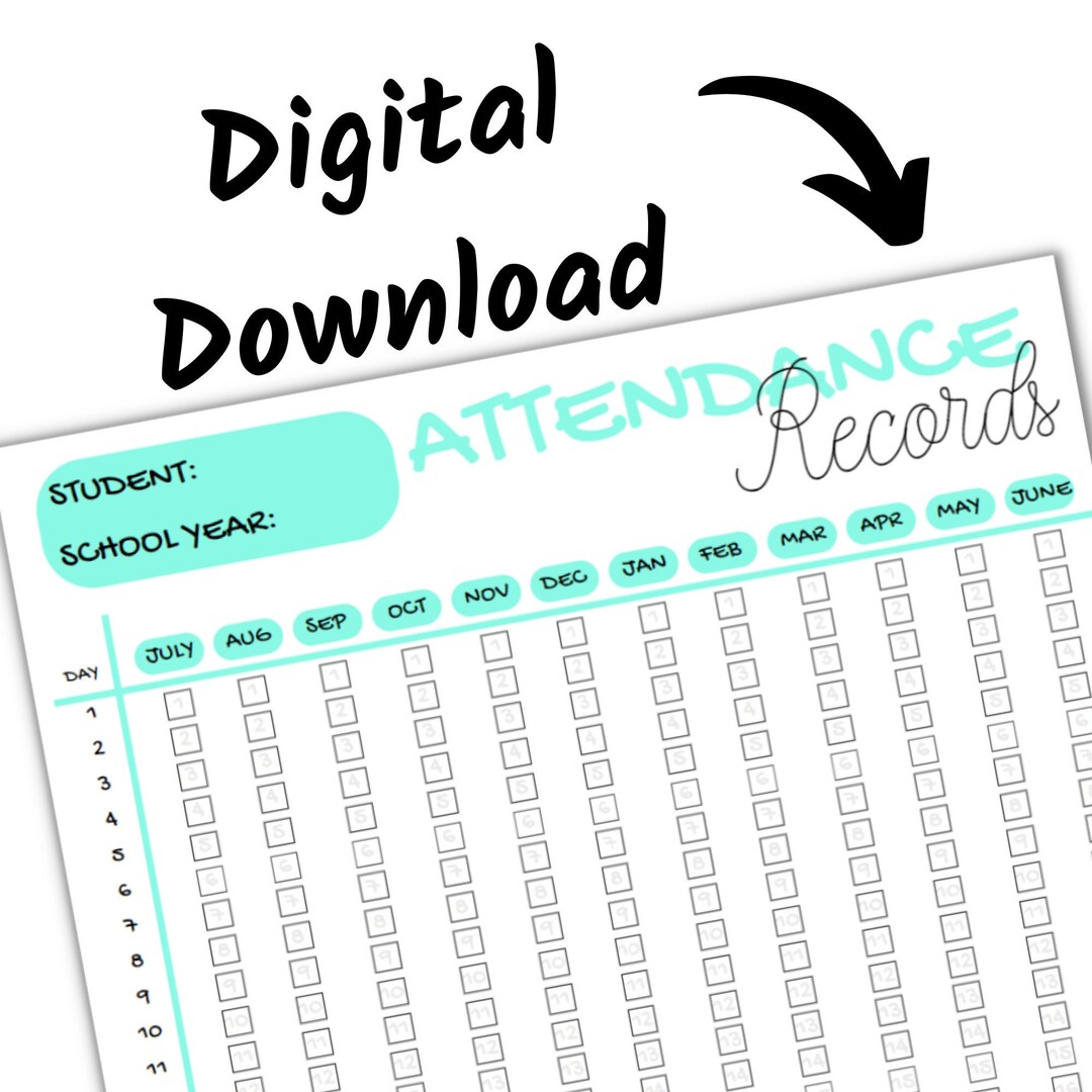 Homeschool Attendance Record Log Tracker Sheet // Mint Green Attendance ...