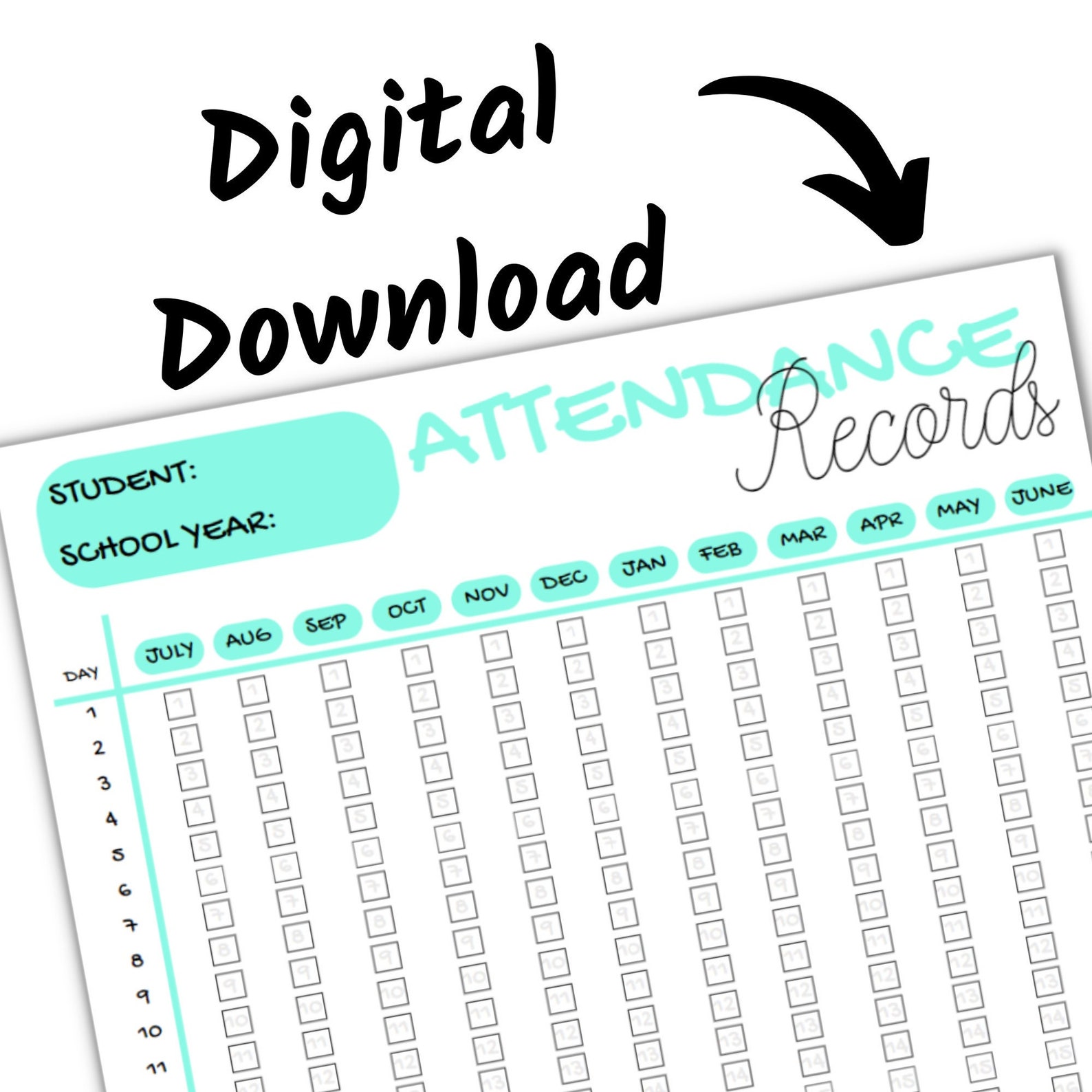 Homeschool Attendance Record Log Tracker Sheet // Mint Green Attendance ...