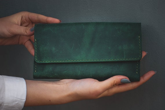 Green leather wallet personalized leather wallet leather | Etsy