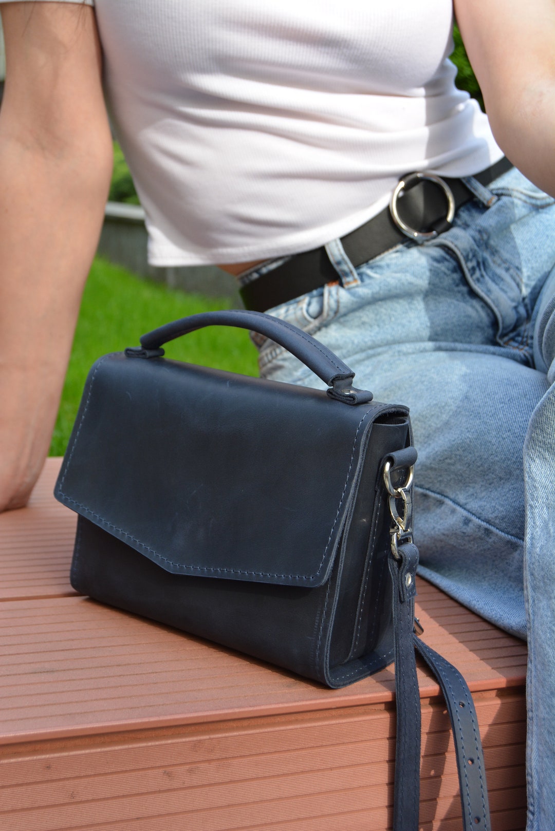 Leather Small Navy Blue Color Women Cross Body Bag With Adjustable ...