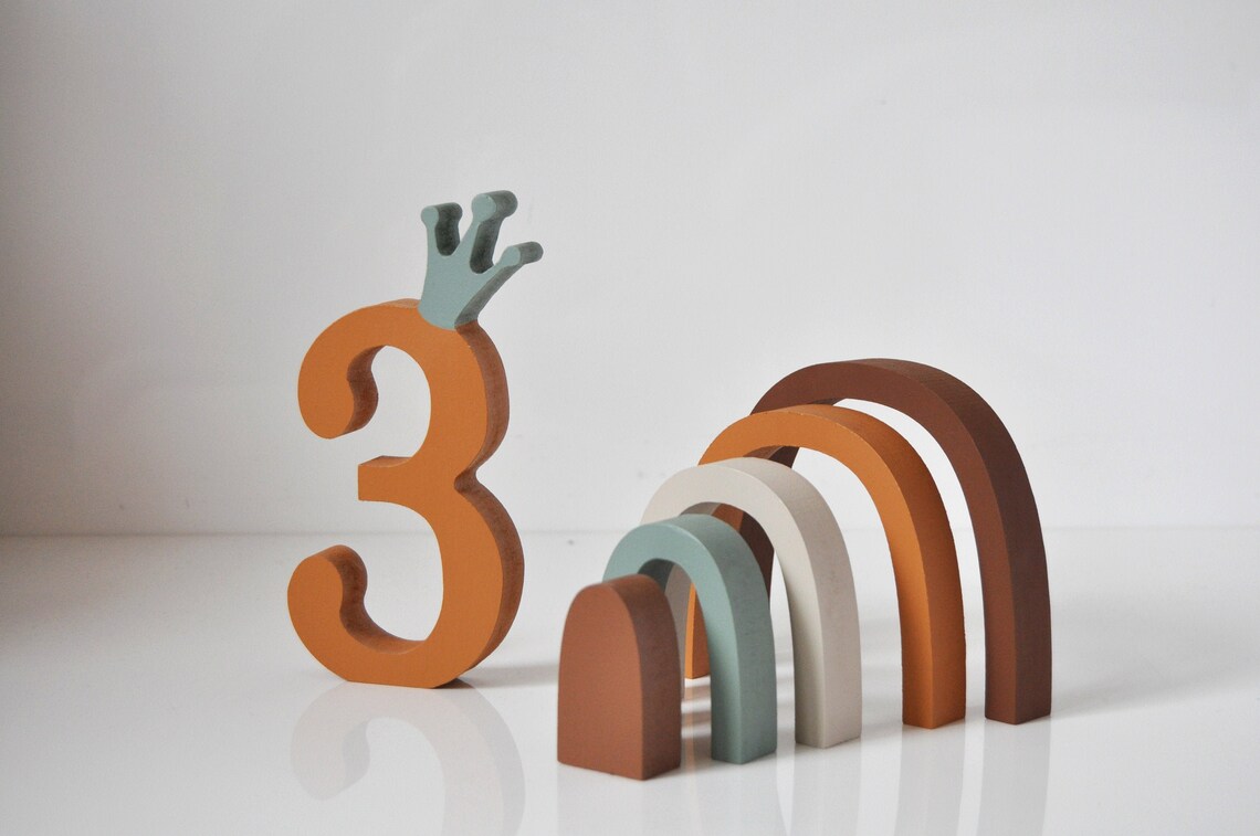 3th Birthday Photo Props Set | Brown 3 Number With Crown | Boho Rainbow ...