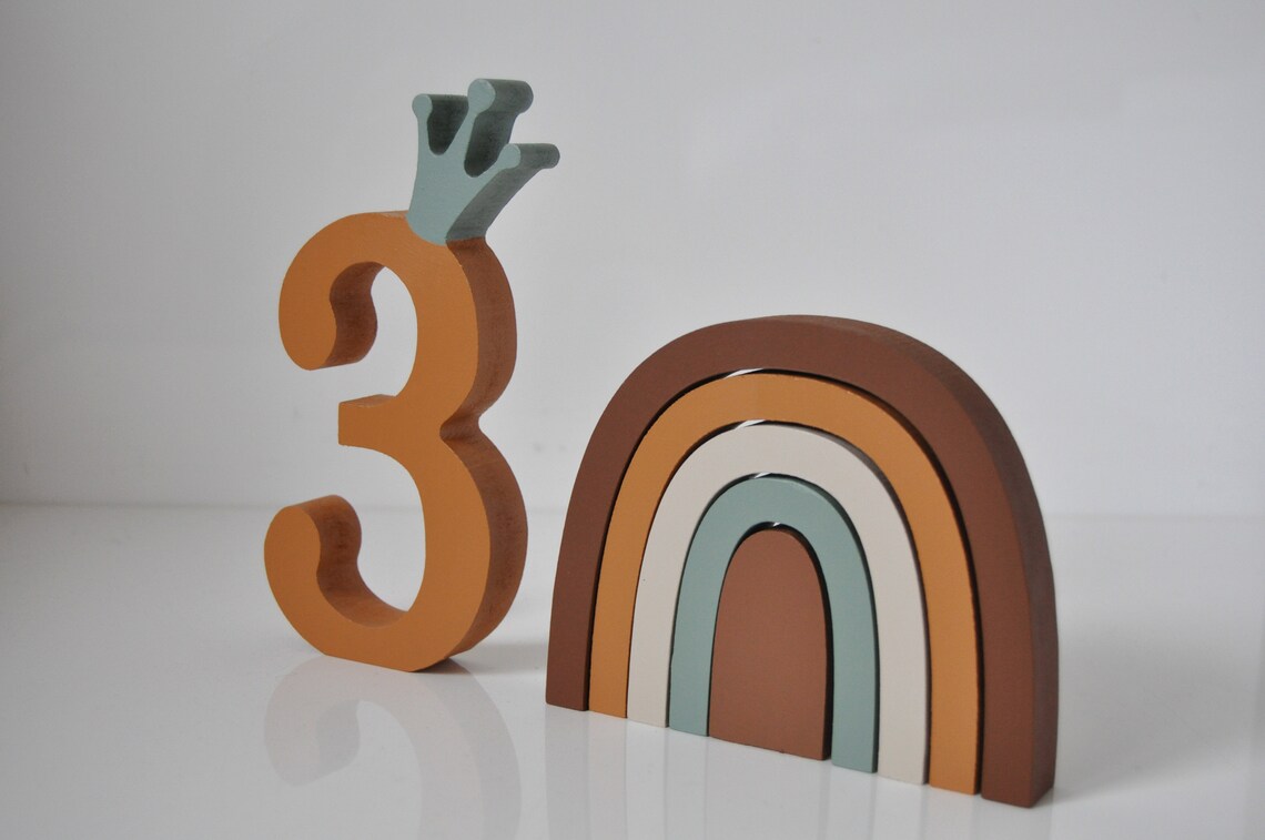 3th Birthday Photo Props Set | Brown 3 Number With Crown | Boho Rainbow ...
