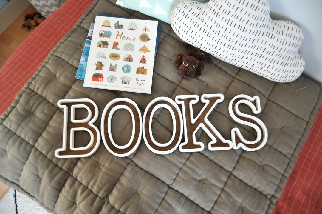 BOOKS Wooden 3D Letters, Nursery Room Decoration, Natural Wood Library ...