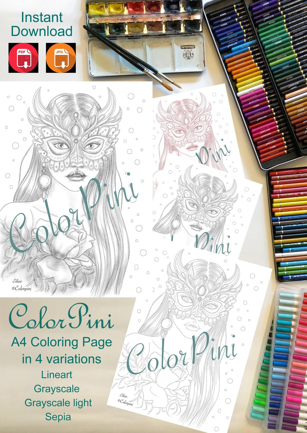 MASQUERADE 3 ELSIE: Adult Coloring Page Hand-drawn Illustration (pdf ...