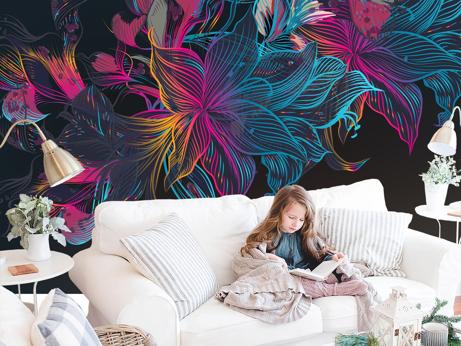 Dark Floral Wallpaper Removable Flowers Wall Mural Black - Etsy