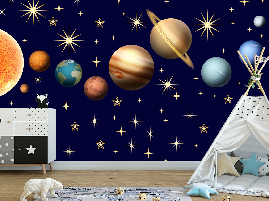 Solar System Wallpaper Kids, Space Large Wall Mural Nursery, Starry ...