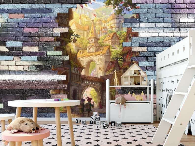 3D Wallpaper Nursery Brick Wall Mural Hole in the Wall | Etsy